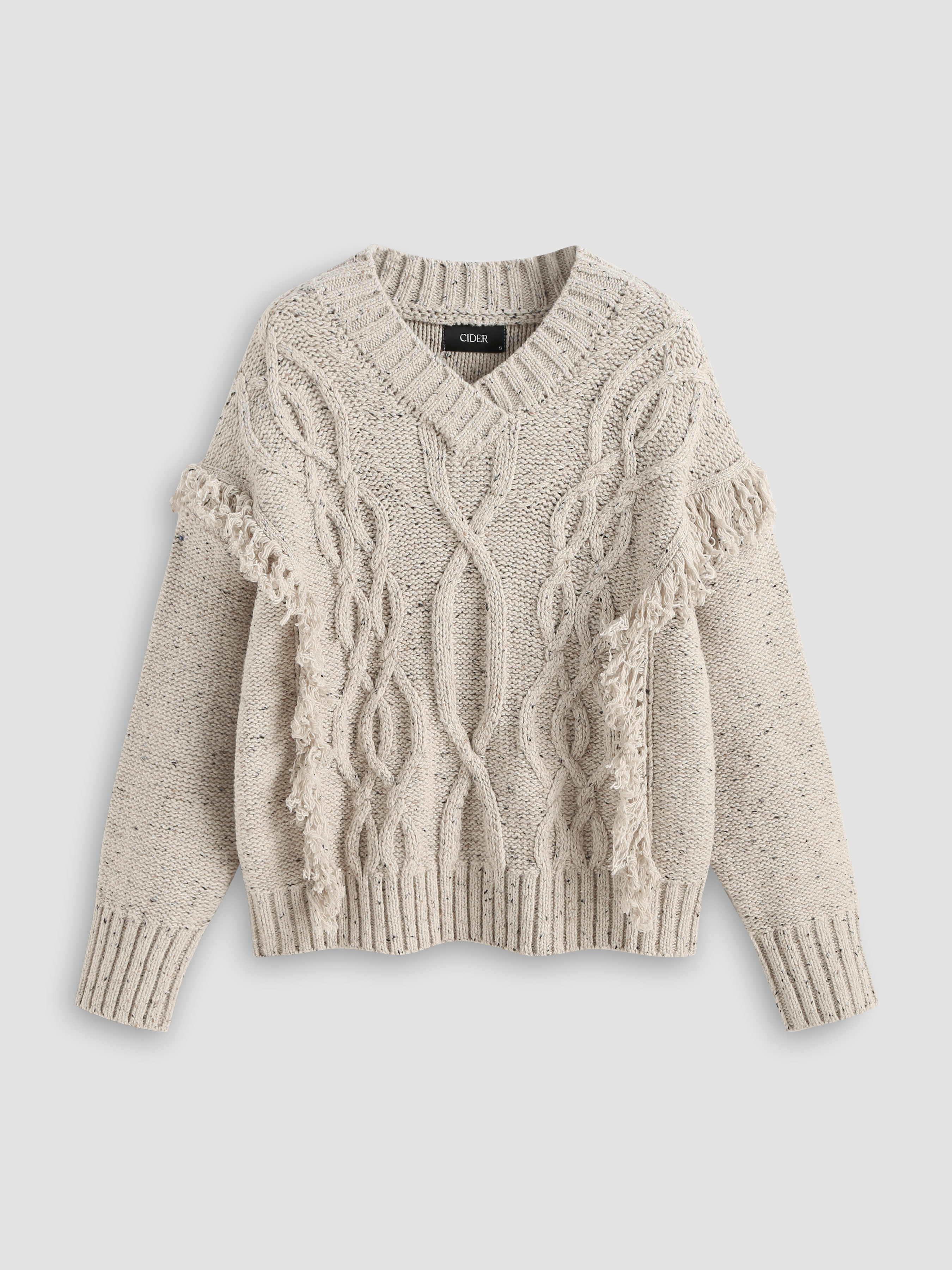 Wool-blend Cable Knit V-neck Solid Tassel Sweater For School Daily ...