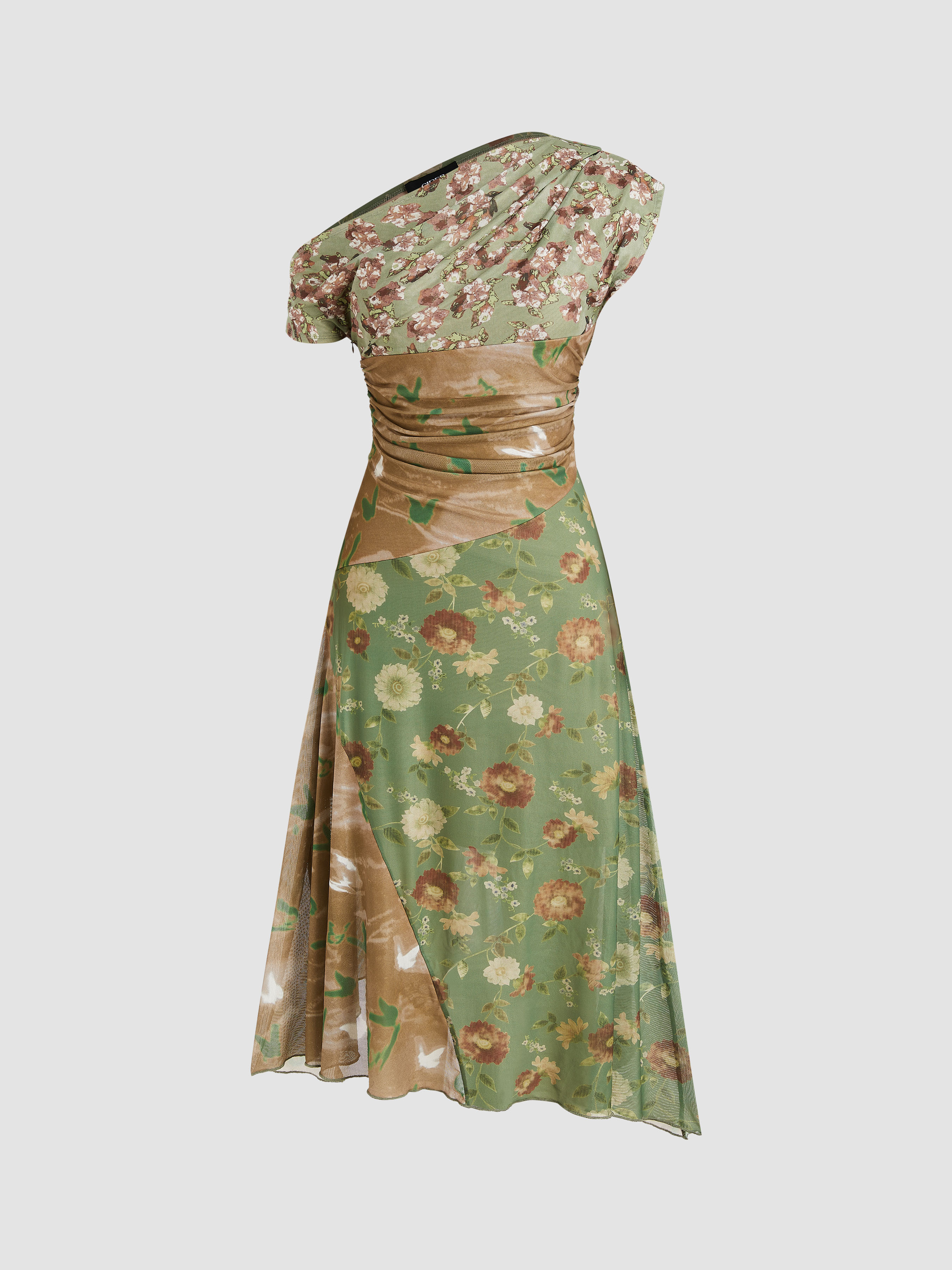 Mesh Mesh Asymmetrical Neck Floral Patched Maxi Dress For Daily Casual
