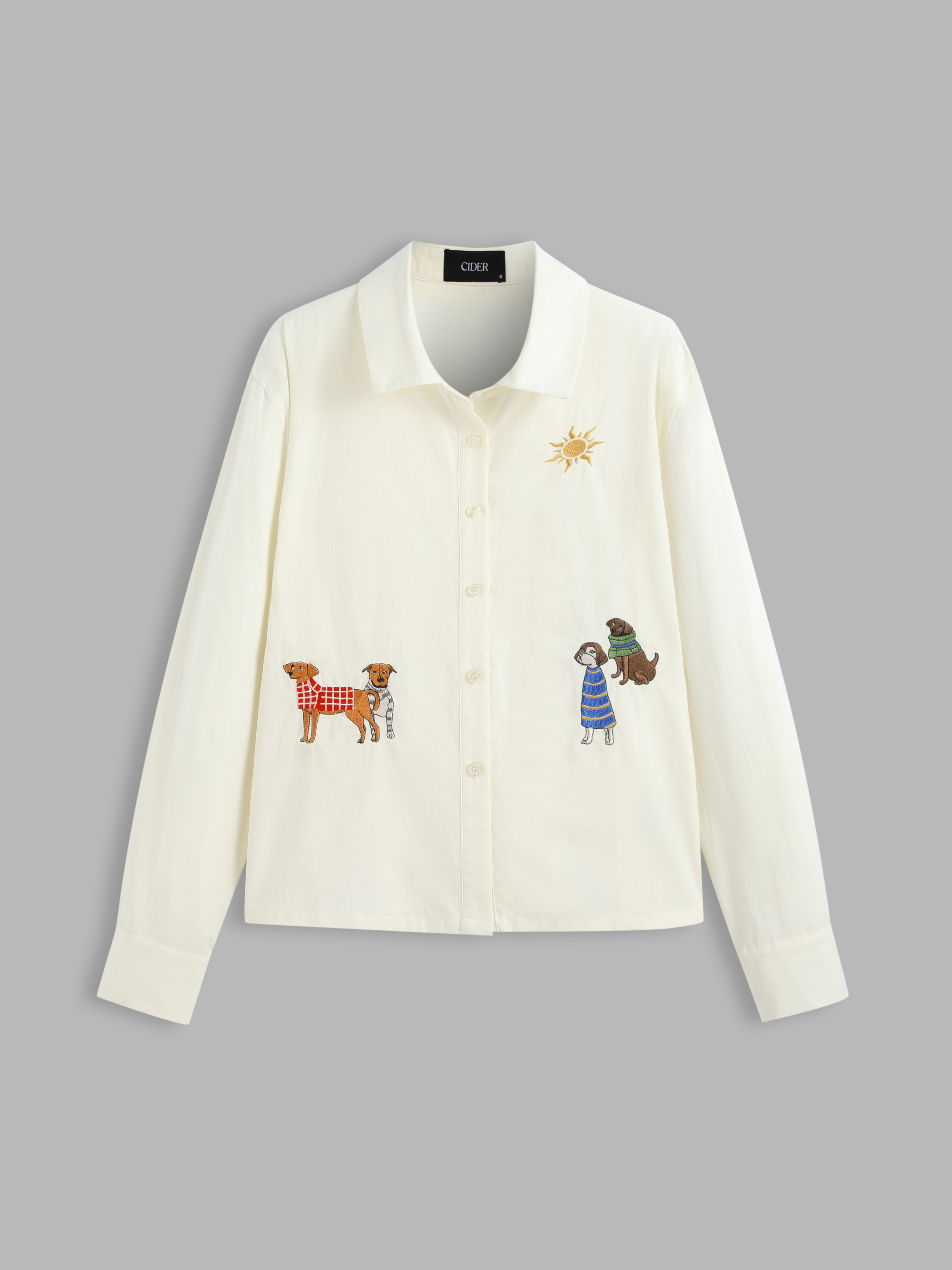 Woven Collar Puppy Sun Button Long Sleeve Blouse For School Daily Casual