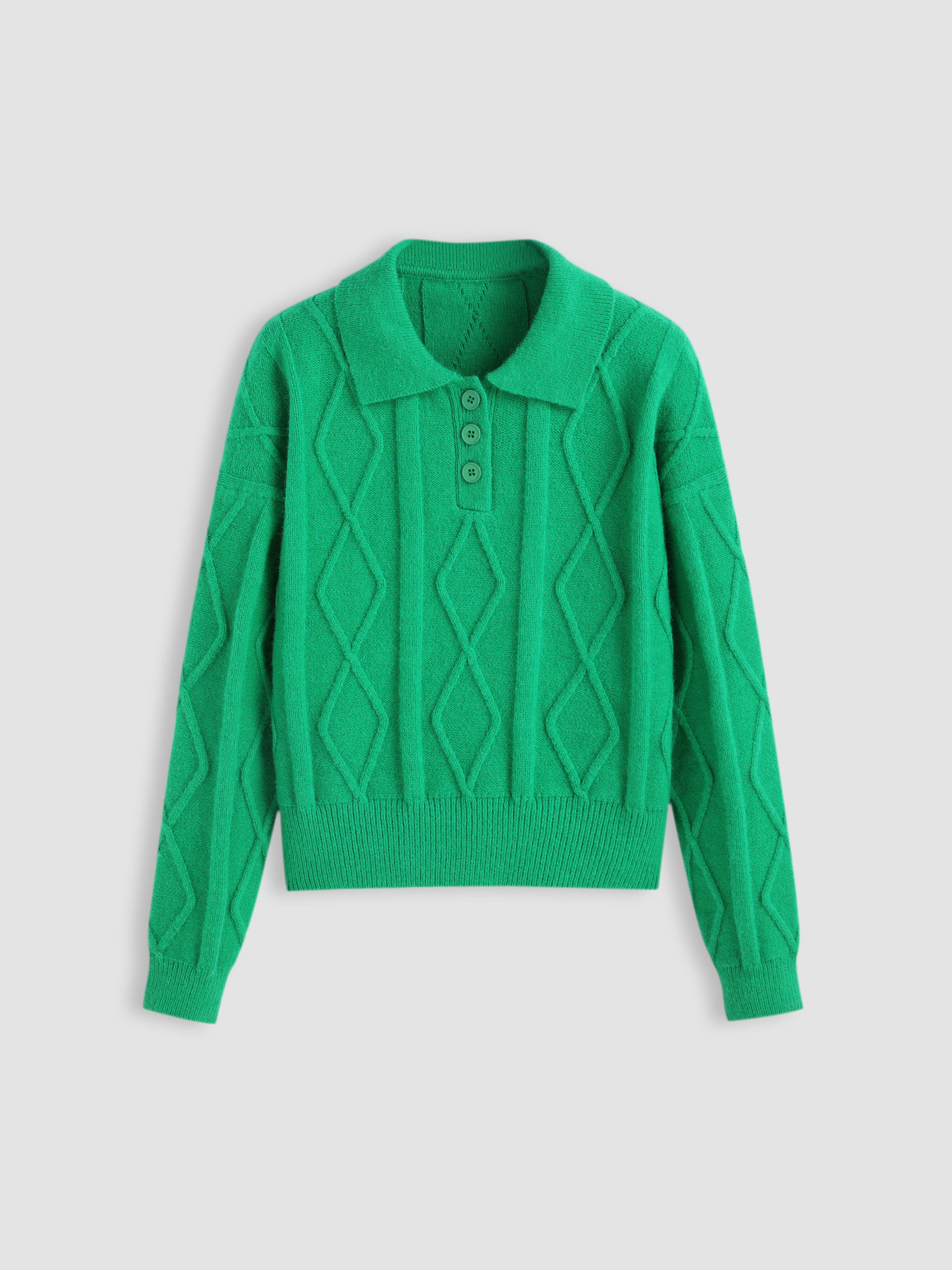 Cable Knit Polo Button Long Sleeve Sweater - Cider