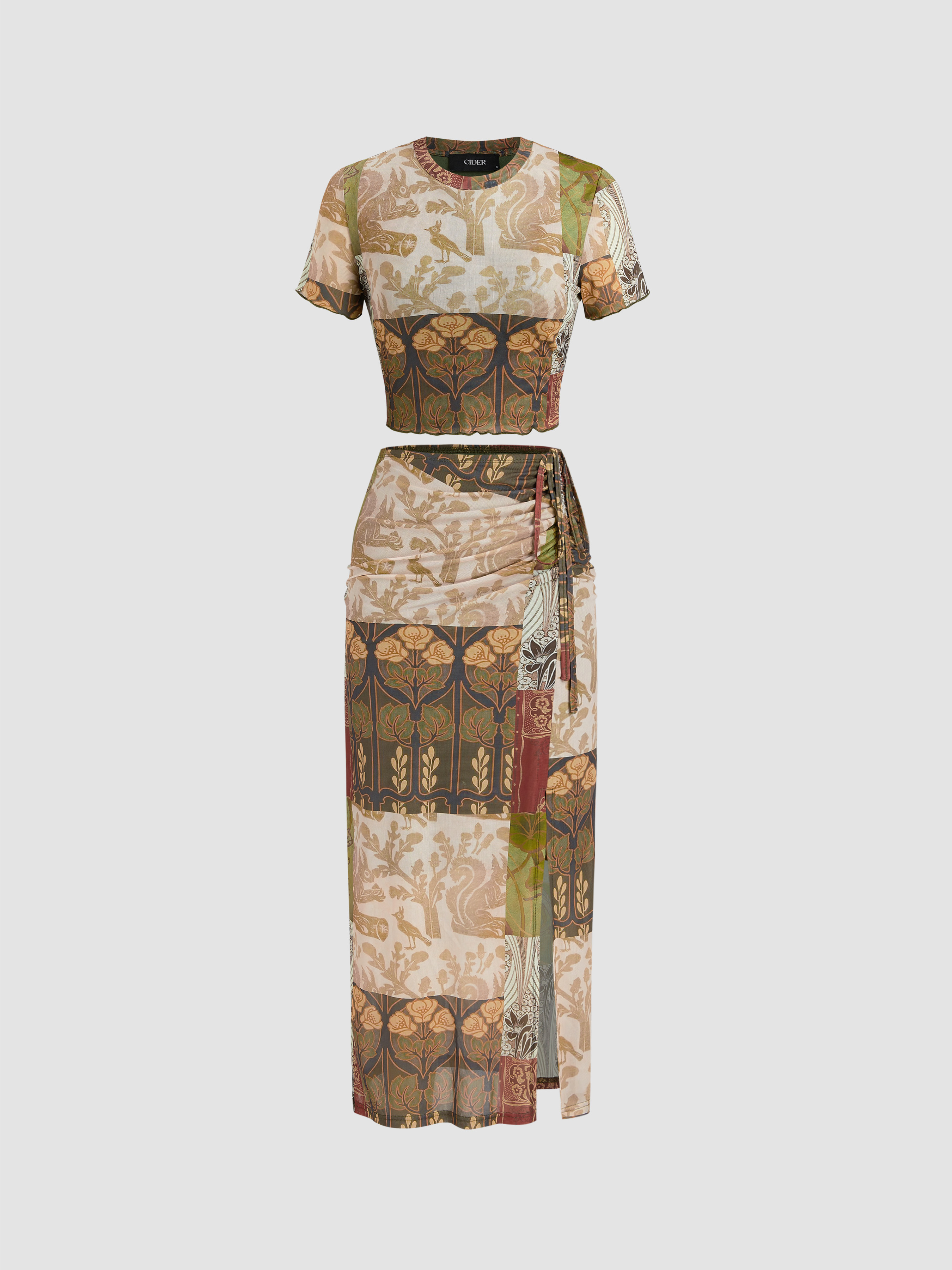 Round Neckline All Over Print Crop Top & Drawstring Split Maxi Matching ...