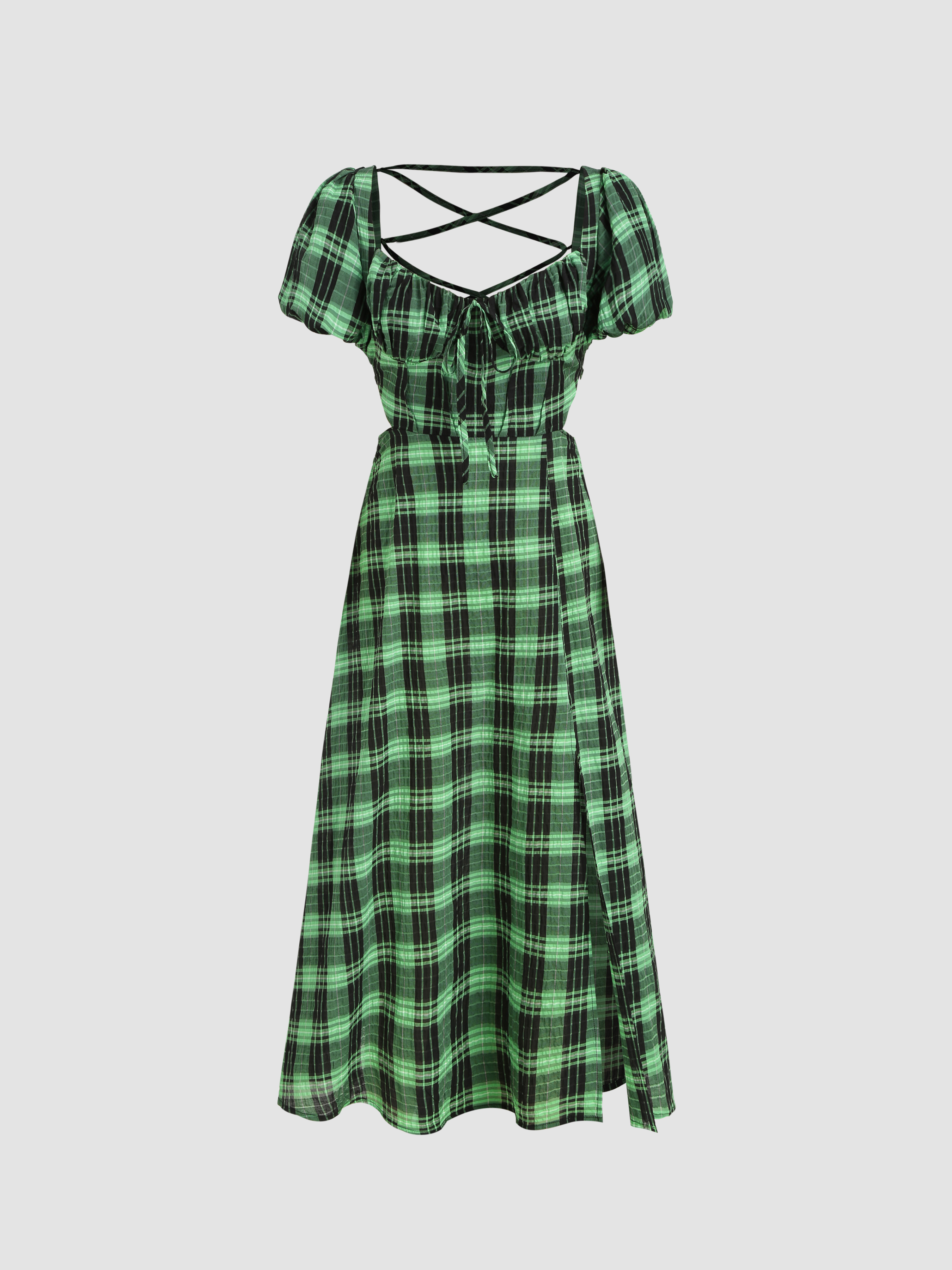 Check Split Tie Back Drawstring Midi Dress For Daily Casual Coffee Shop