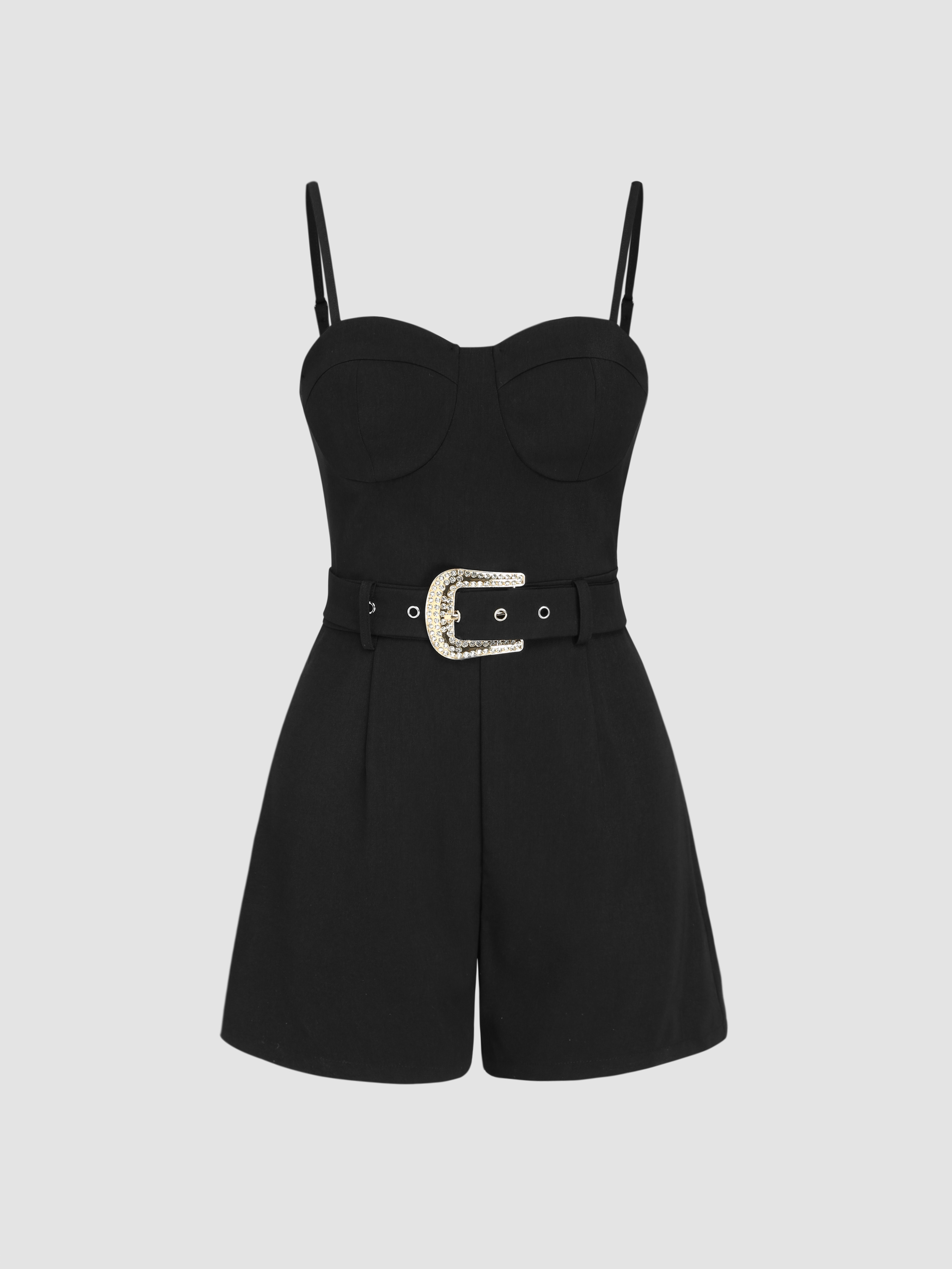 V-neck Solid Rhinestone Belted Romper - Cider