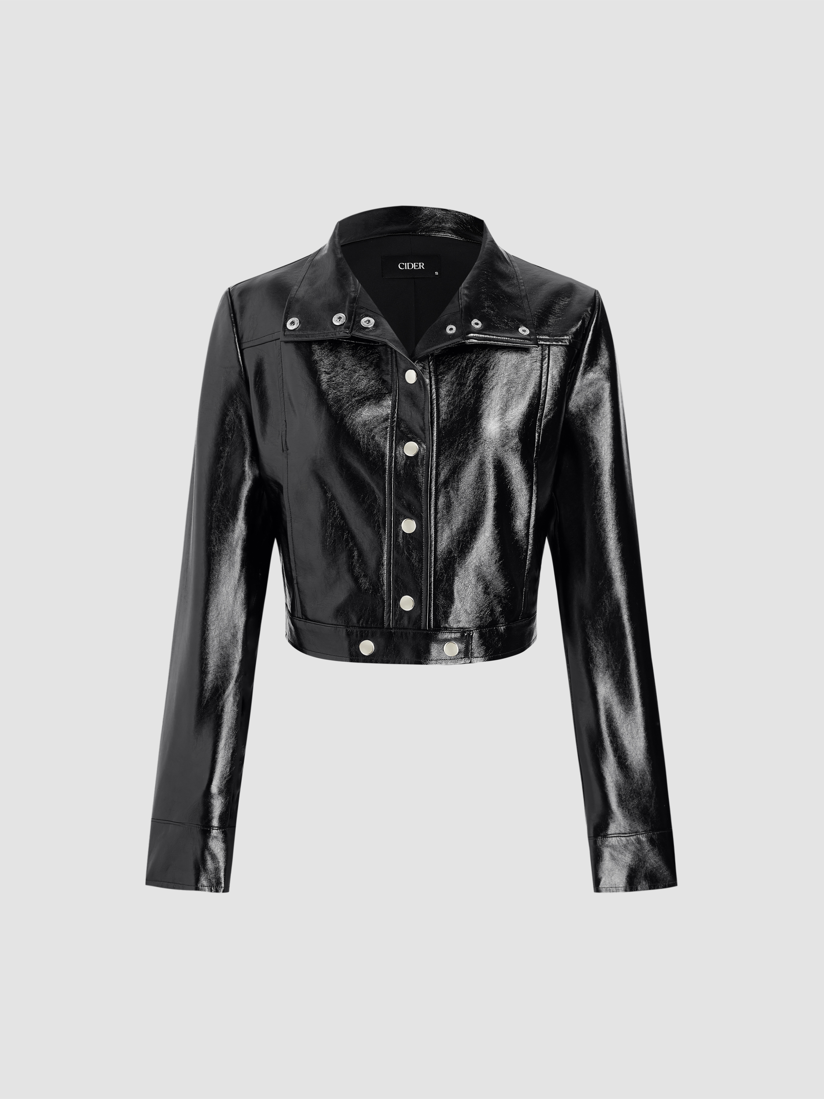 Faux Leather Collar Pocket Button Jacket - Cider