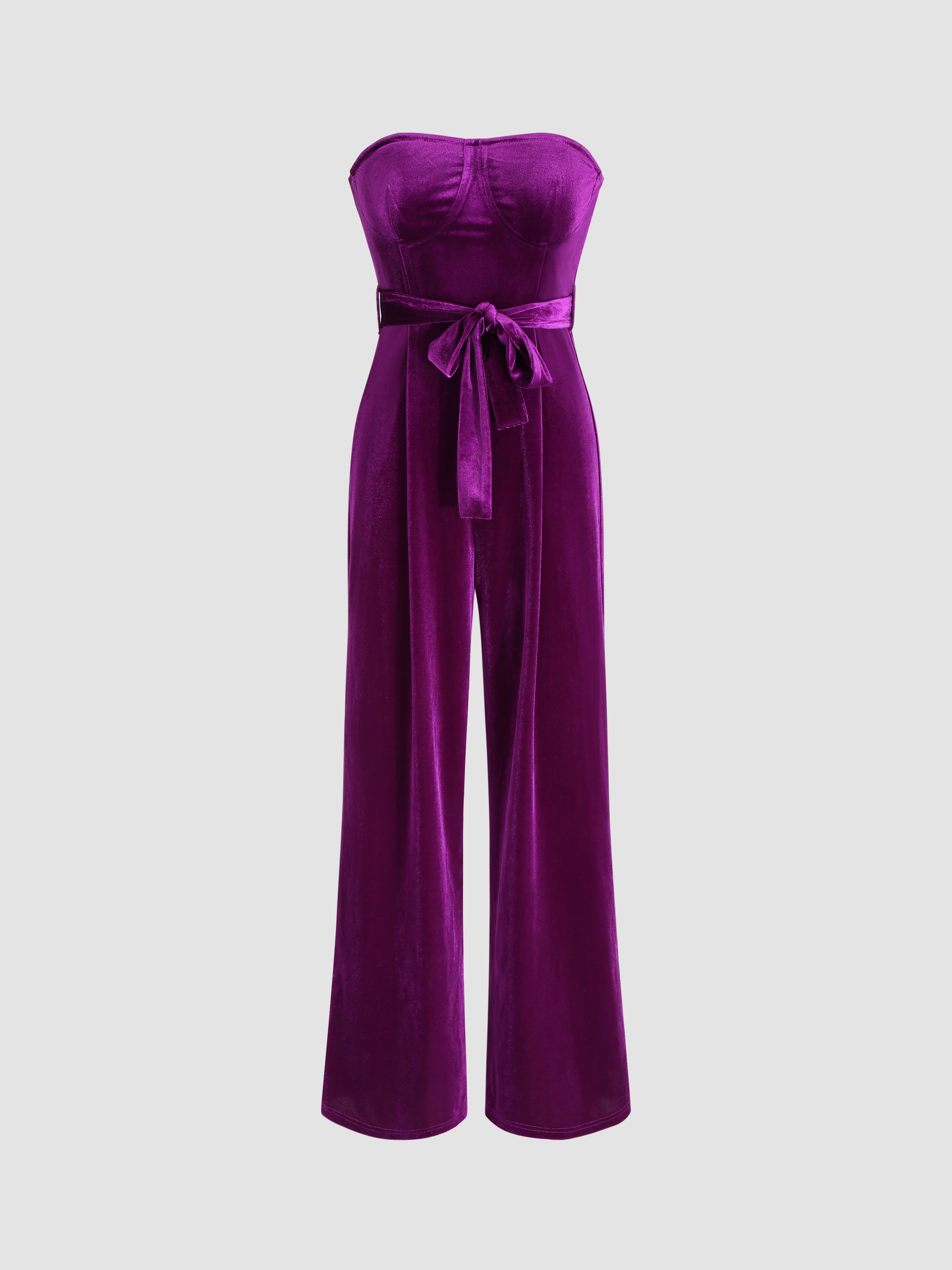 Velvet Velvet Tube Solid Belted Jumpsuit For Daily Casual Date Coffee Shop