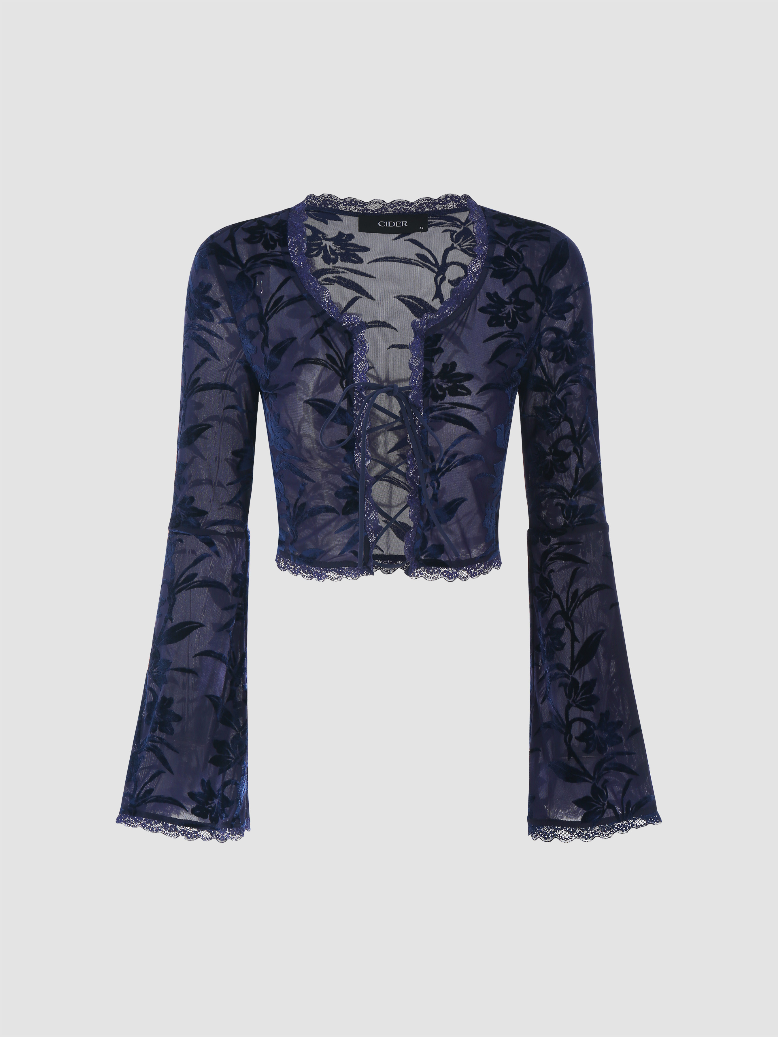 Mesh Round Neckline Floral Drawstring Long Sleeve Top For Coffee Shop ...