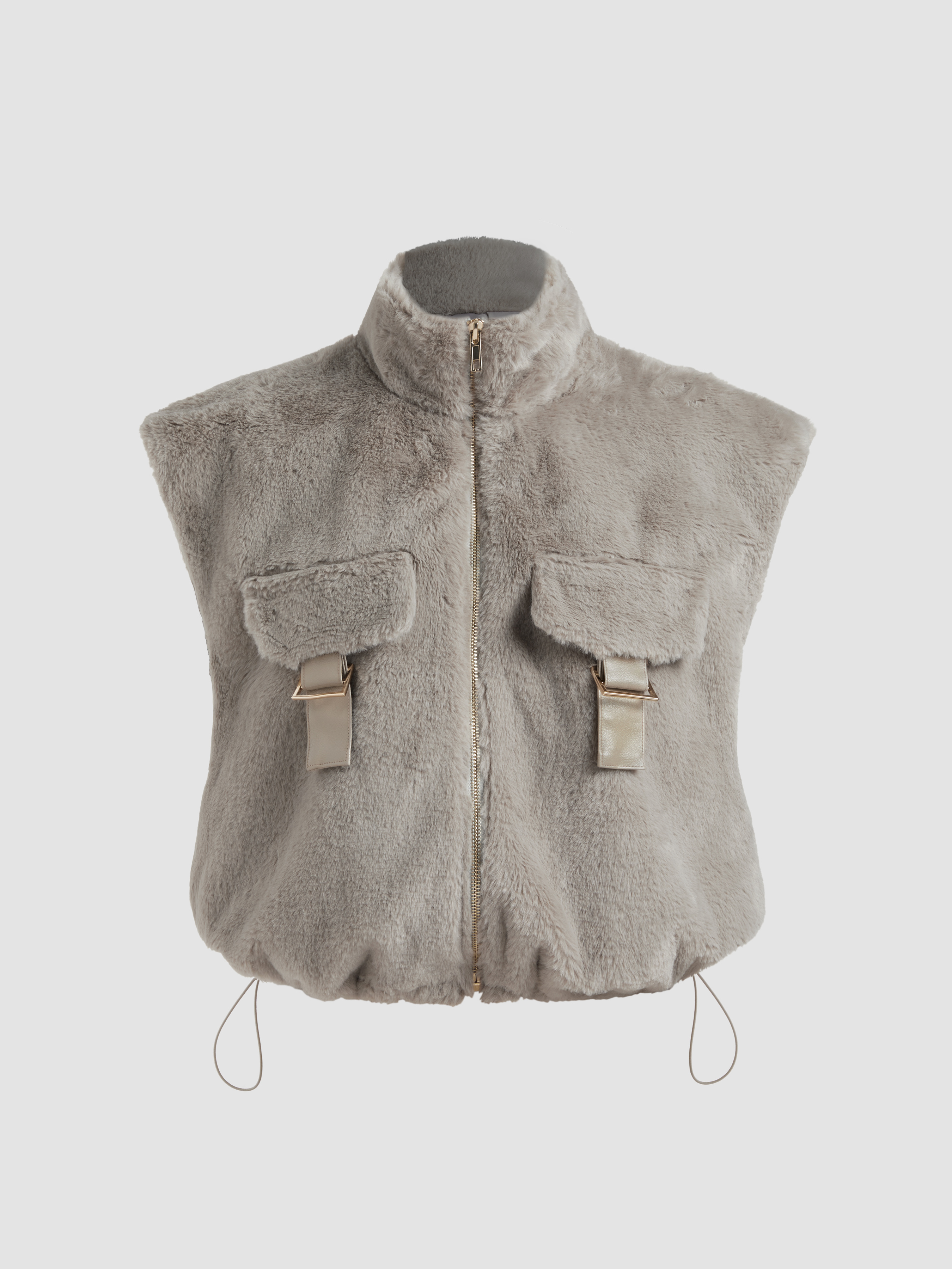 Faux Shearling High Neck Pocket Buckle Jacket Vest For Daily Casual