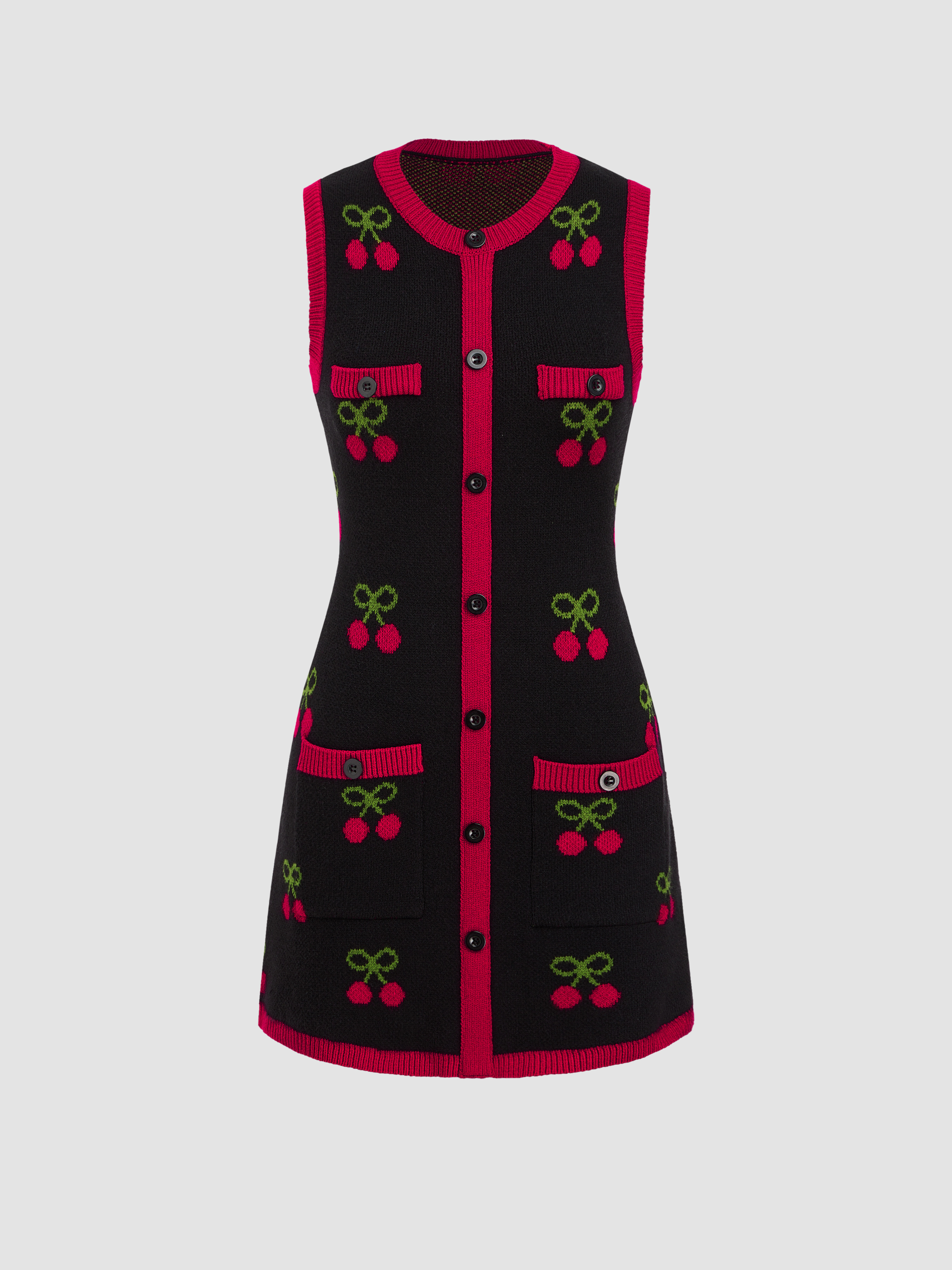 Knit Round Neck Embroidered Cherry Graphic Button Mini Dress For Daily ...