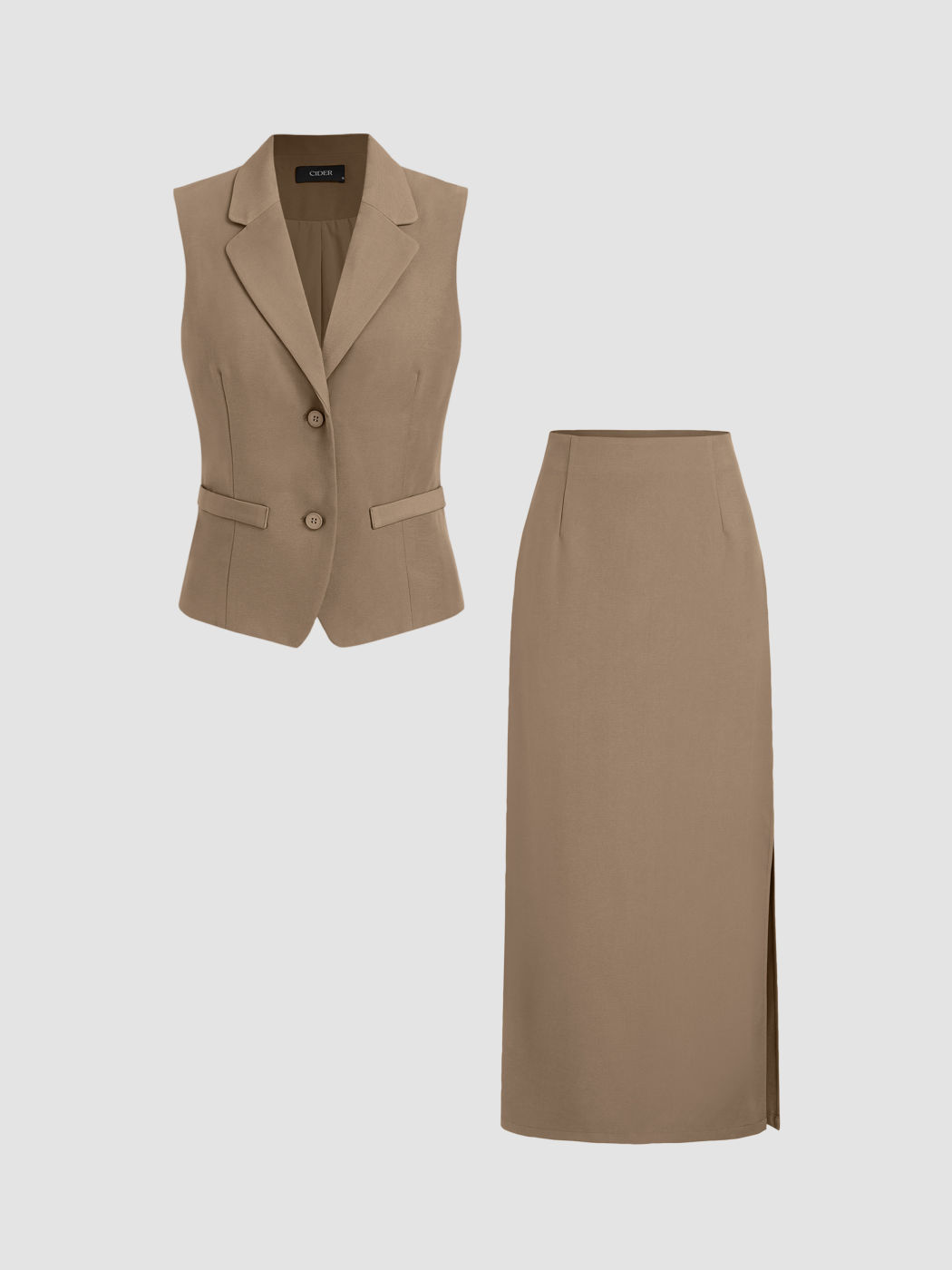 V-neck Solid Button Vest & Split Maxi Skirt Matching Set For Daily Casual Work