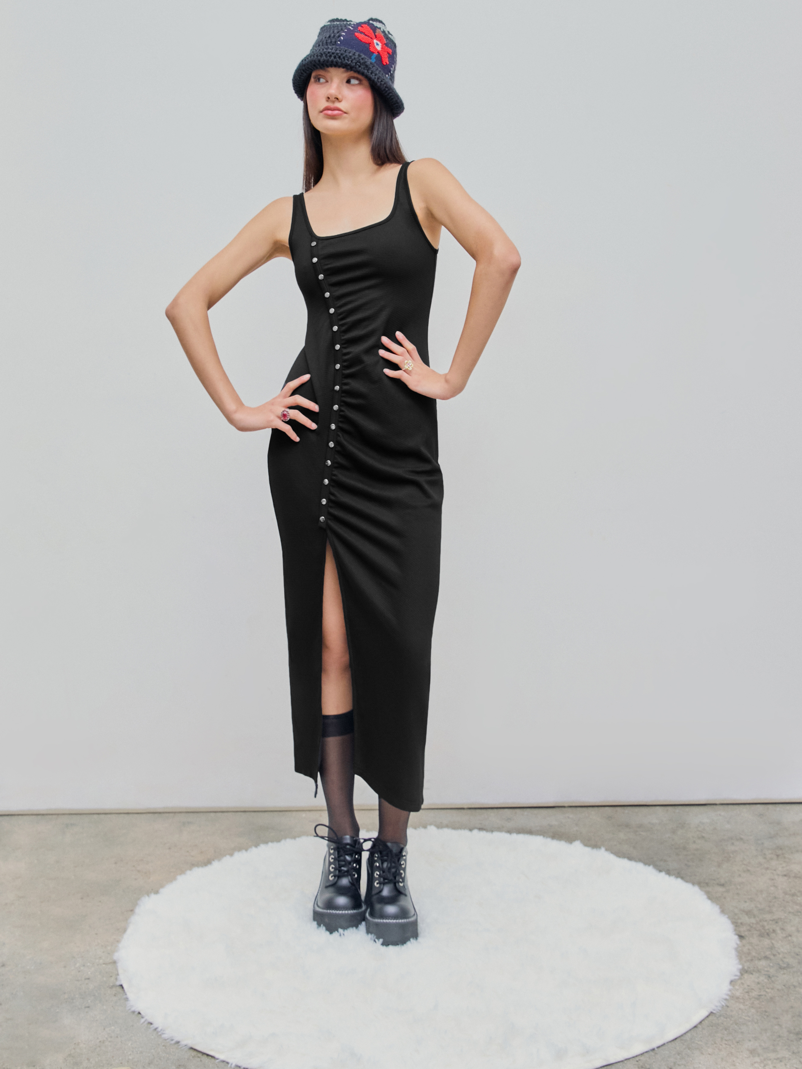 Collar Solid Split Ruched Button Maxi Dress - Cider