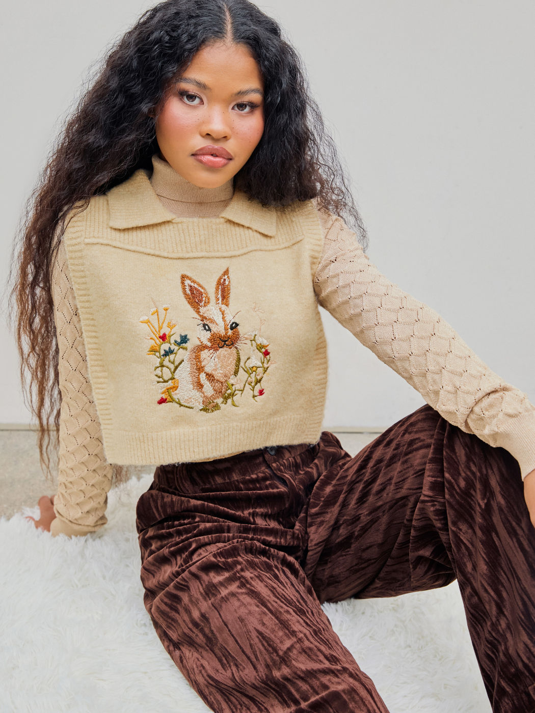 Knit Fabric Collar Rabbit Graphic Button Knitted Crop Vest For School ...