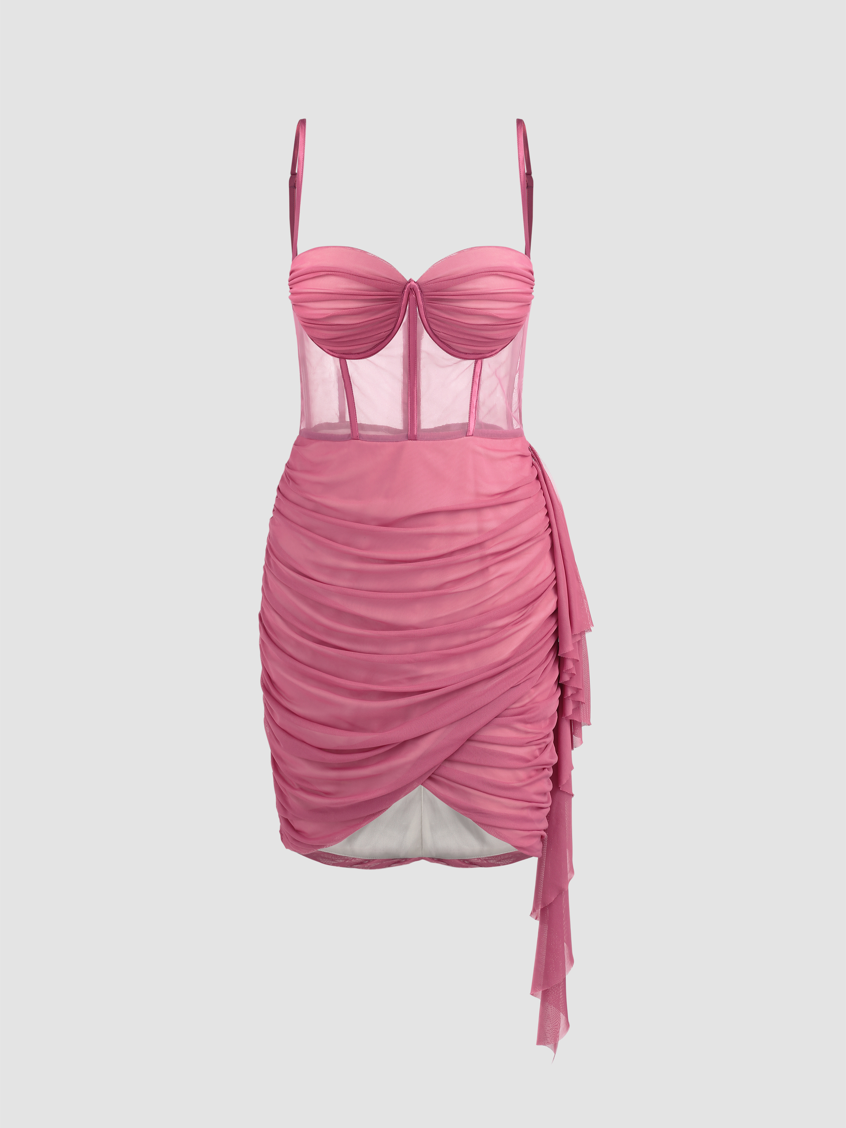 Mesh U-neck Corset Ruched Mini Dress - Cider