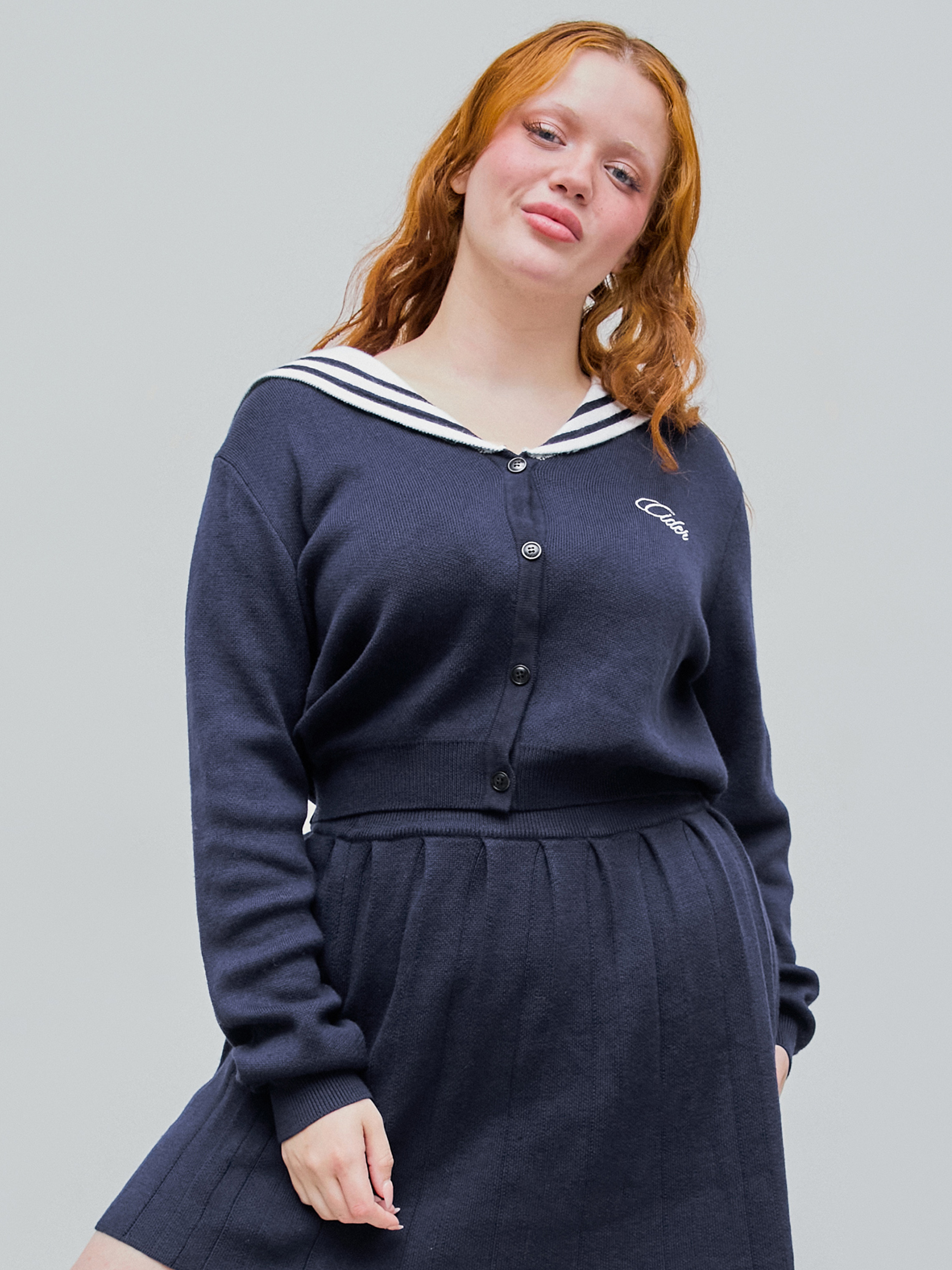 Cider Sailor Collar Button Knit Crop Sweater Curve & Plus - Cider