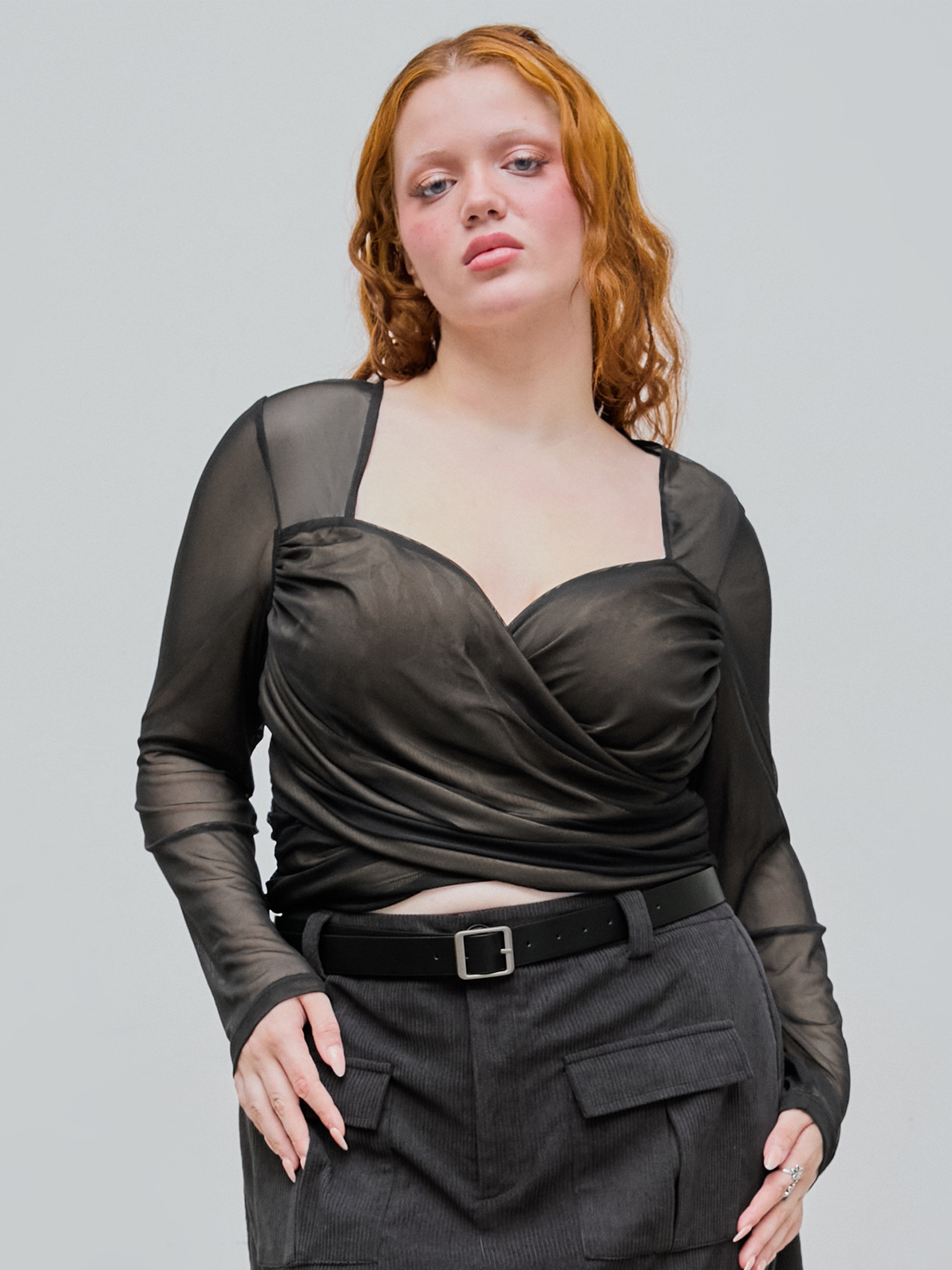 Mesh Sweetheart Ruched Long Sleeve Top Curve & Plus - Cider