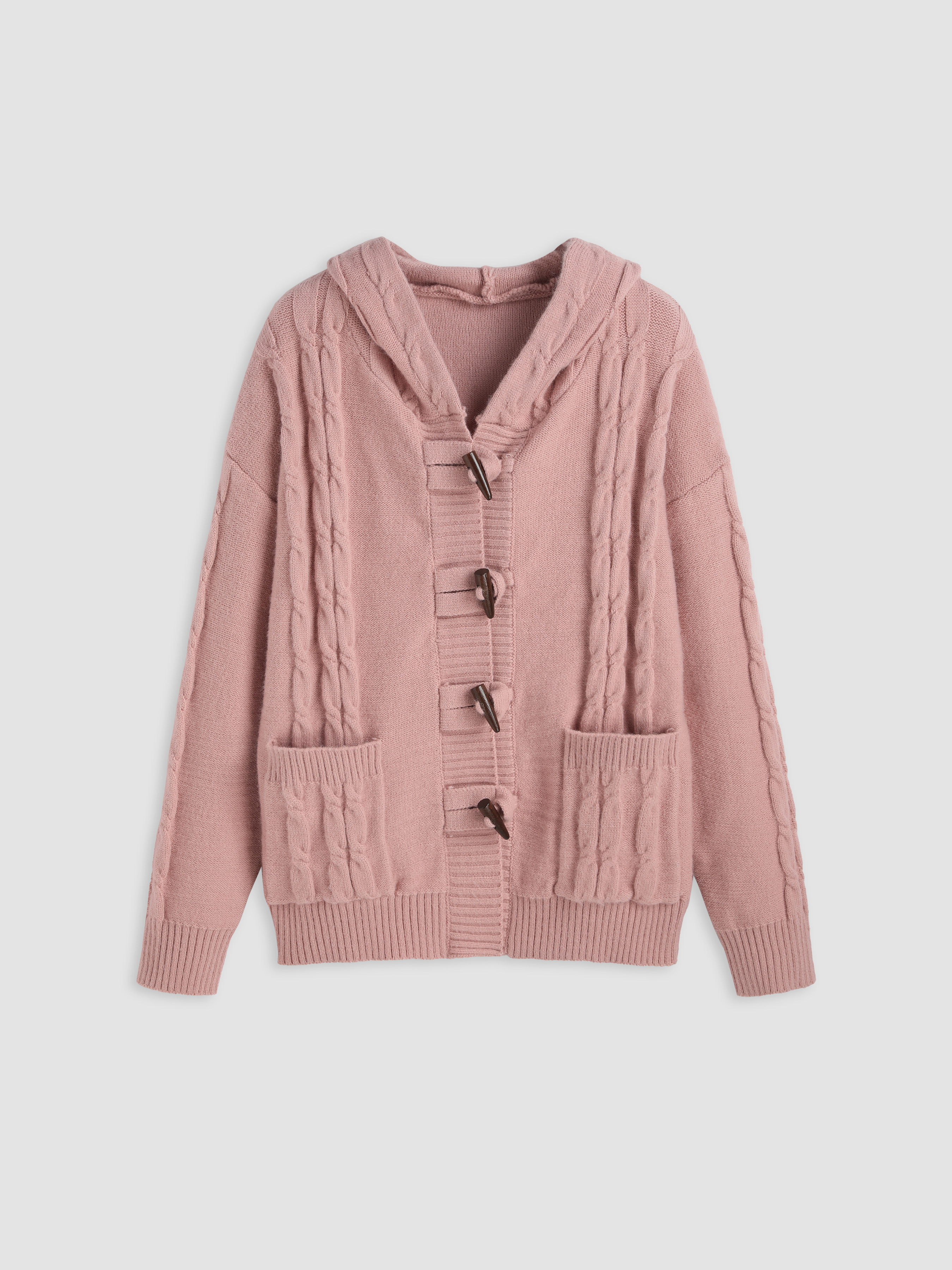 Knit Fabric Cable Knit Hooded Solid Button Cardigan For School Daily Casual