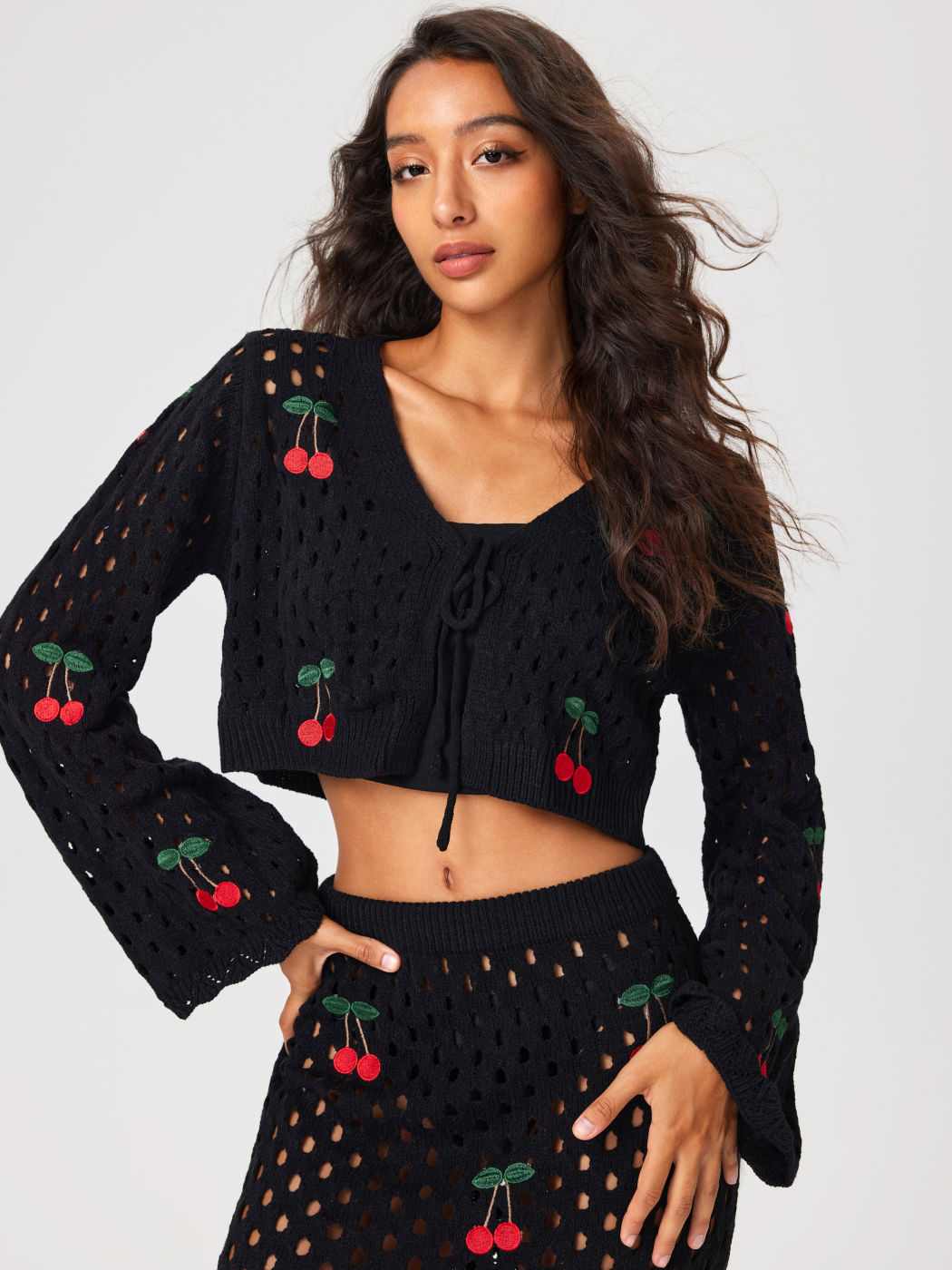 Knit V-neck Cherry Pattern Hollow Out Long Sleeve Crop Top For Holiday