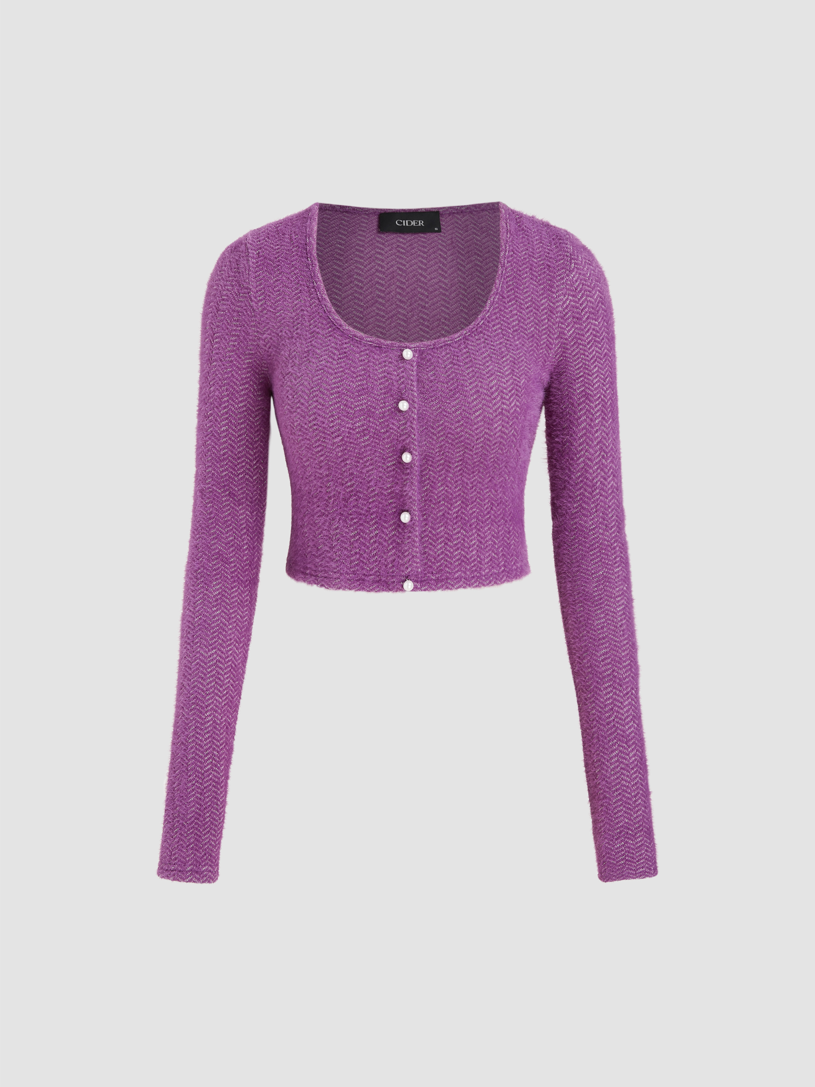 U-neck Solid Button Fuzzy Long Sleeve Tee - Cider