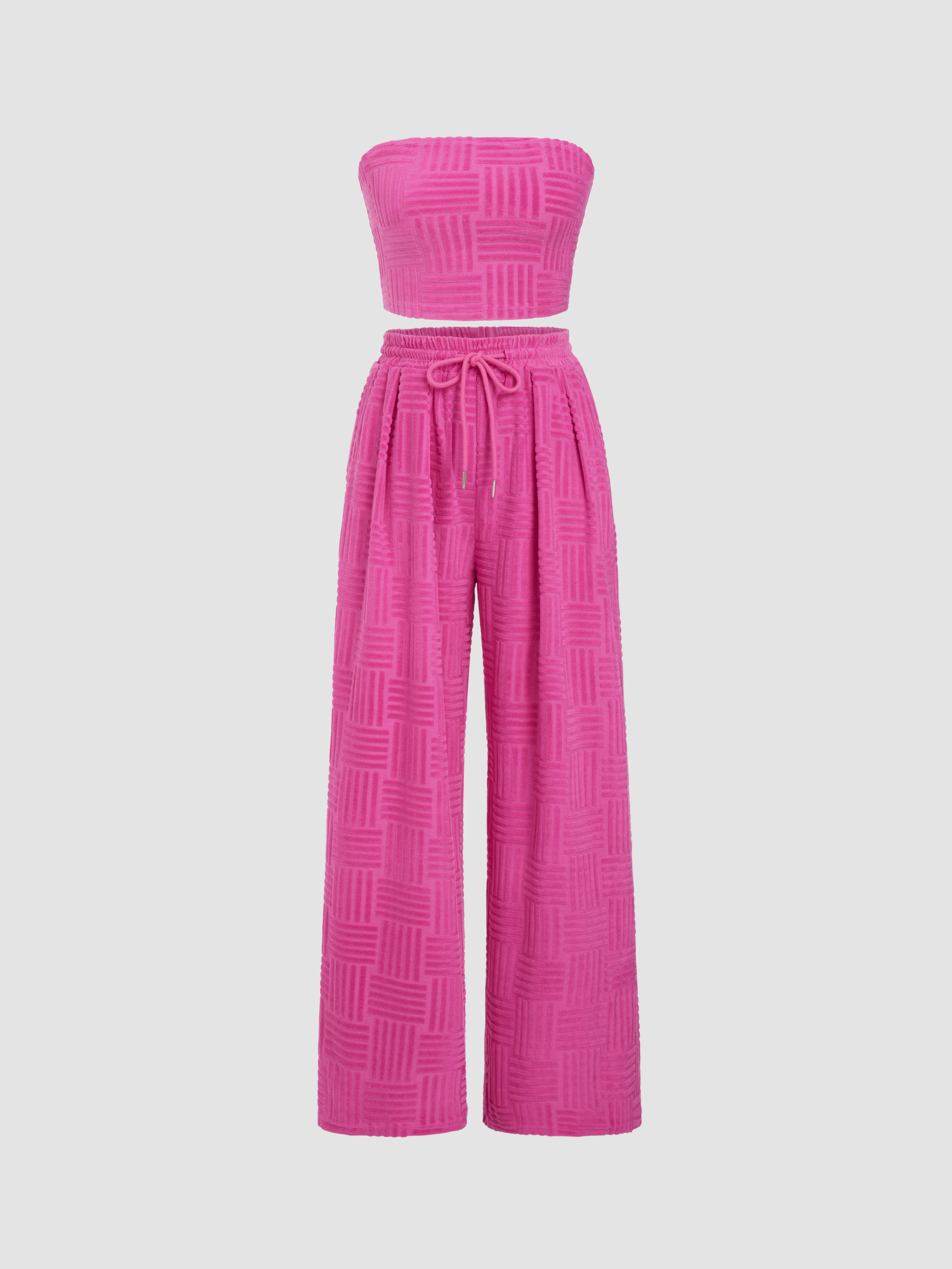 Terry Solid Tube Top & Elastic Waist Drawstring Wide Leg Pants For ...