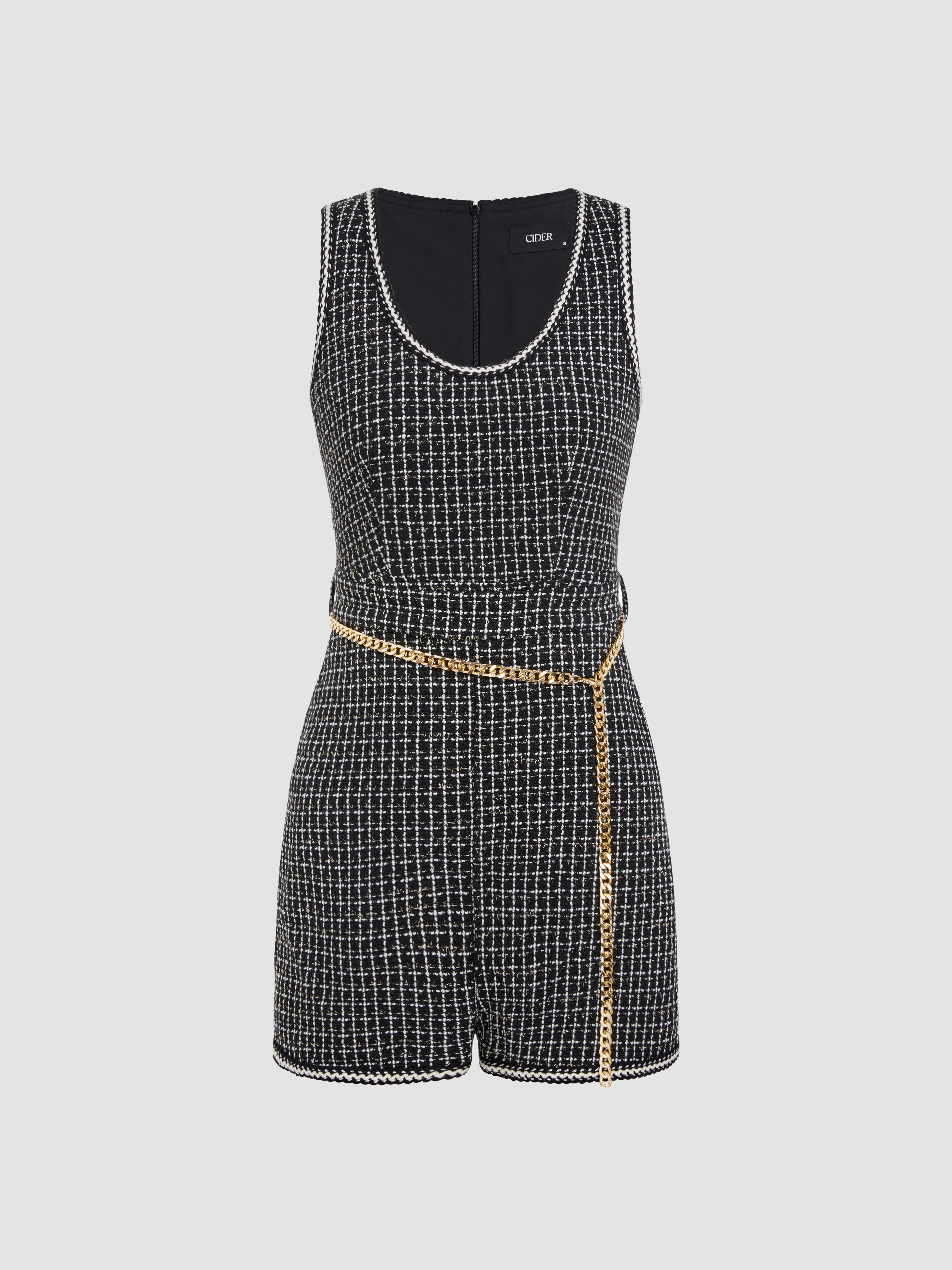 Tweed Tweed U-neckline Romper with Waist Chain For Daily Casual Date ...