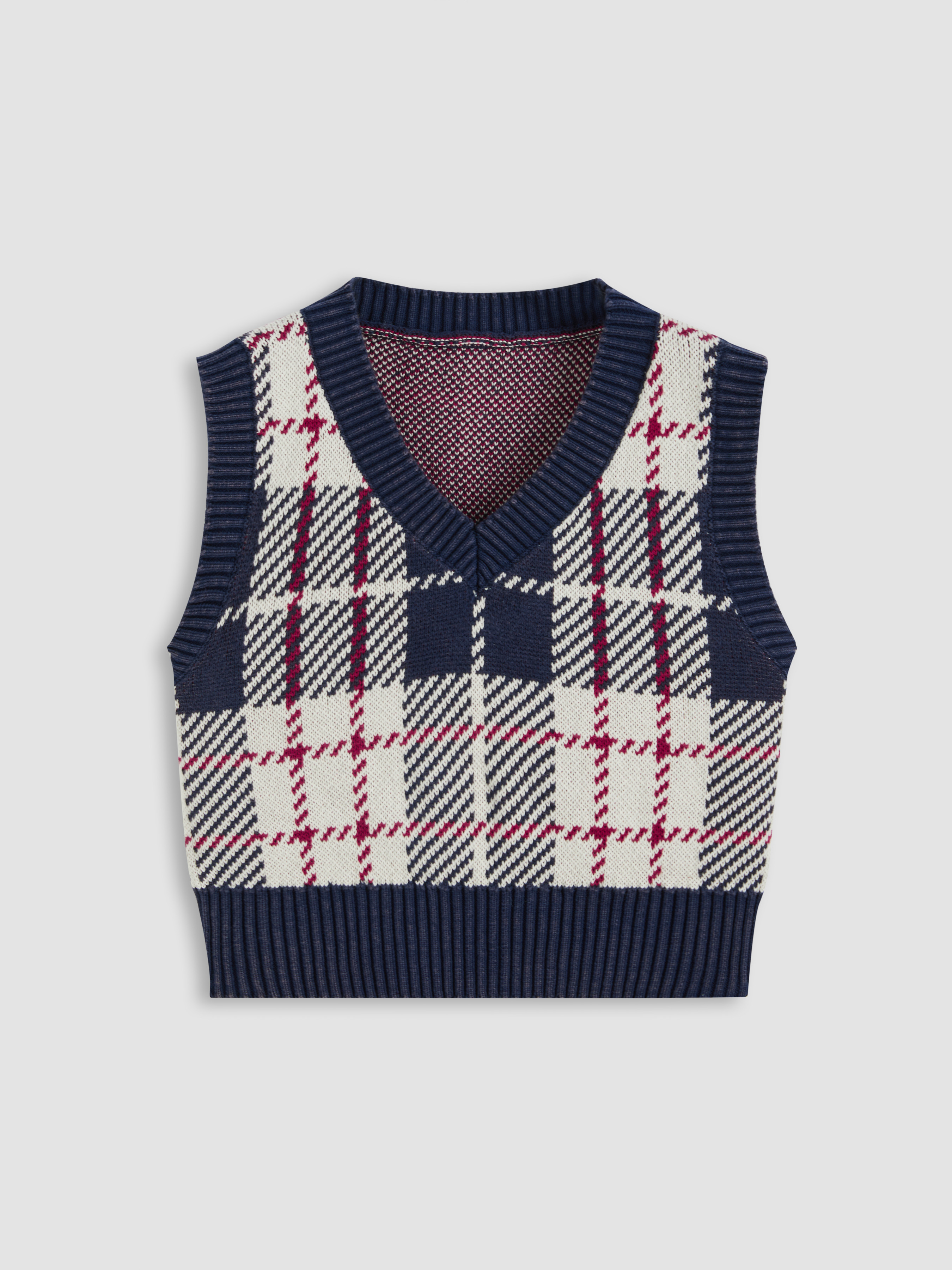 Knit Fabric V-neck Check Knitted Crop Vest For School Daily Casual