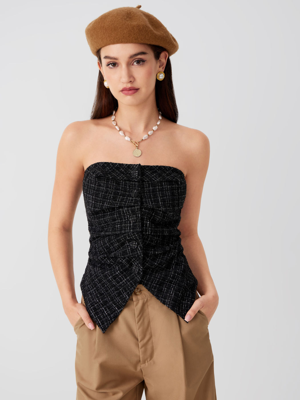 Tweed Tweed Button Ruched Tube Top For Daily Casual