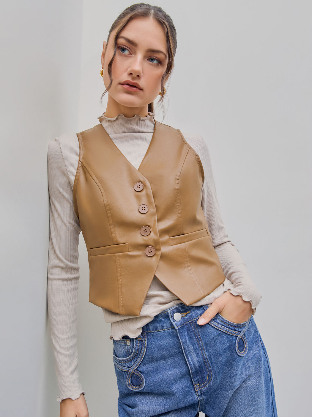 Faux Leather Faux Leather V-neck Solid Button Up Blazer Crop Vest For Daily Casual Exhibition Work