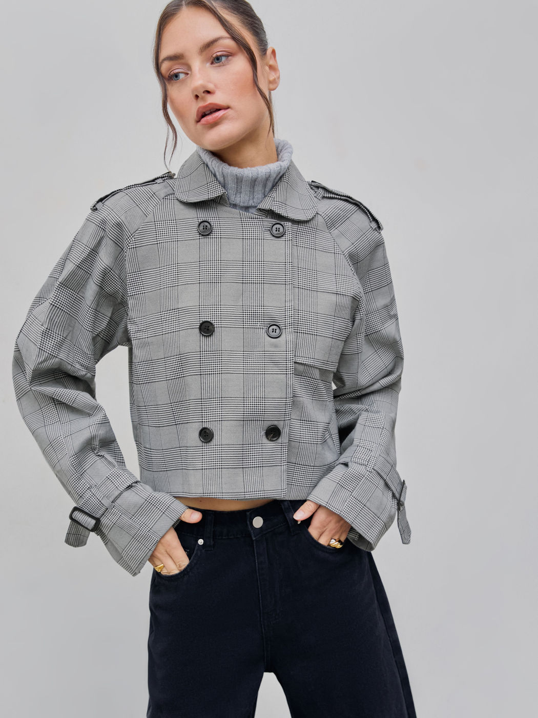 Collar Check Button Trench Coat For Daily Casual Picnic Outdoor