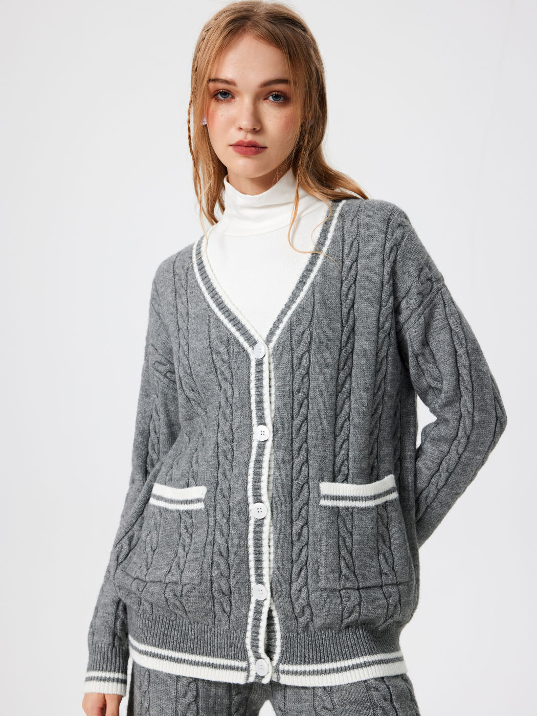 Cable Knit V-neck Contrasting Binding Cardigan For School Daily Casual ...