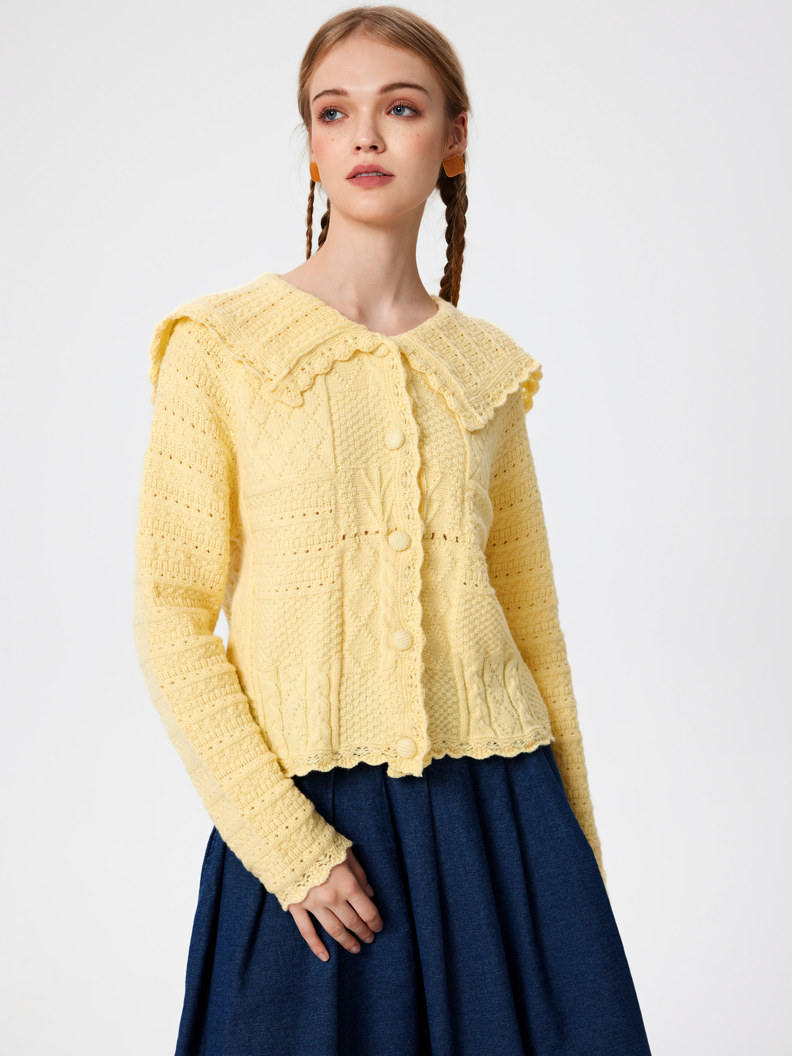 Collar Cable Knit Button Cardigan - Cider