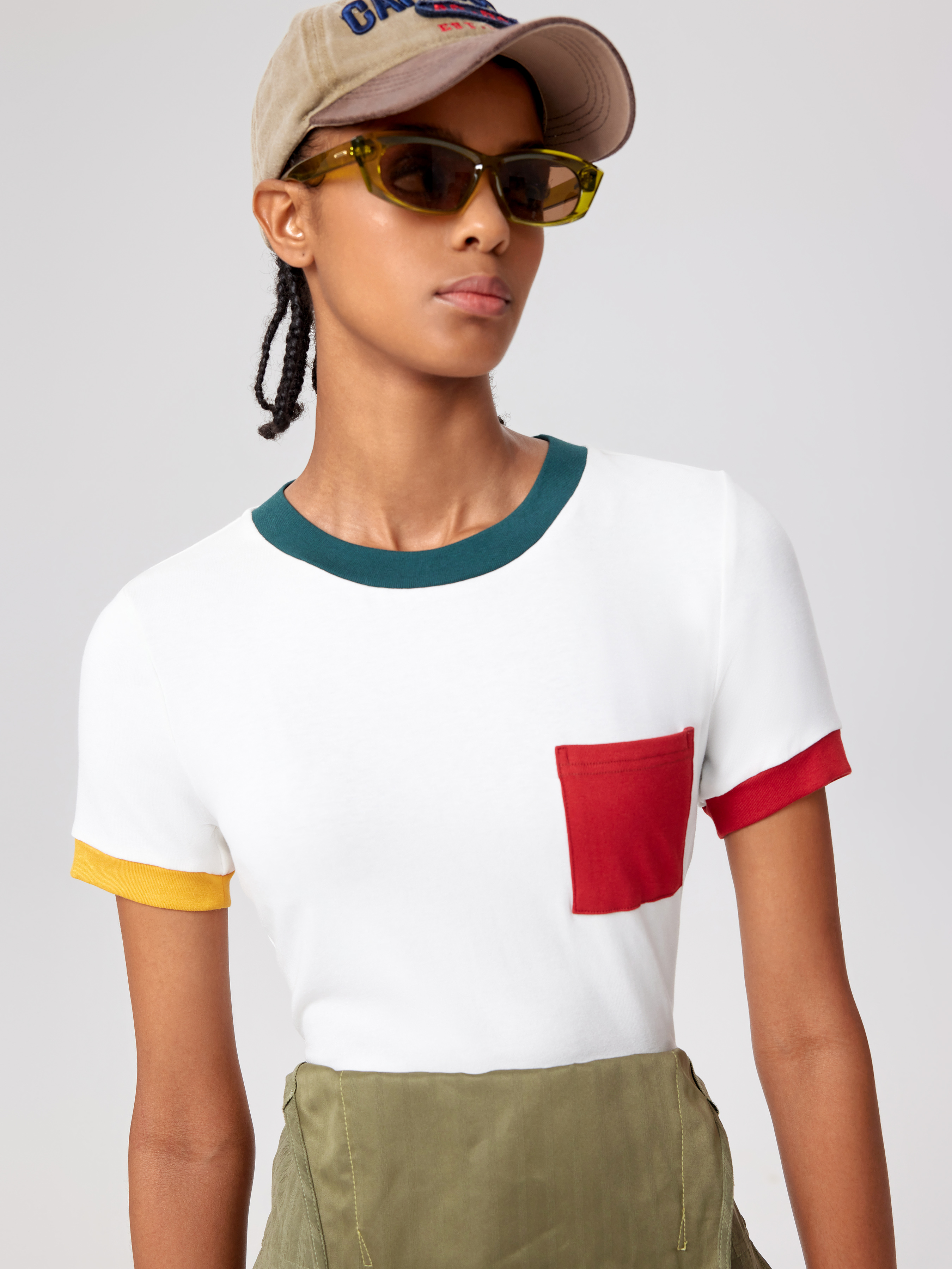 Round Neck Contrasting Binding Pocket Short Sleeve Tee - Cider