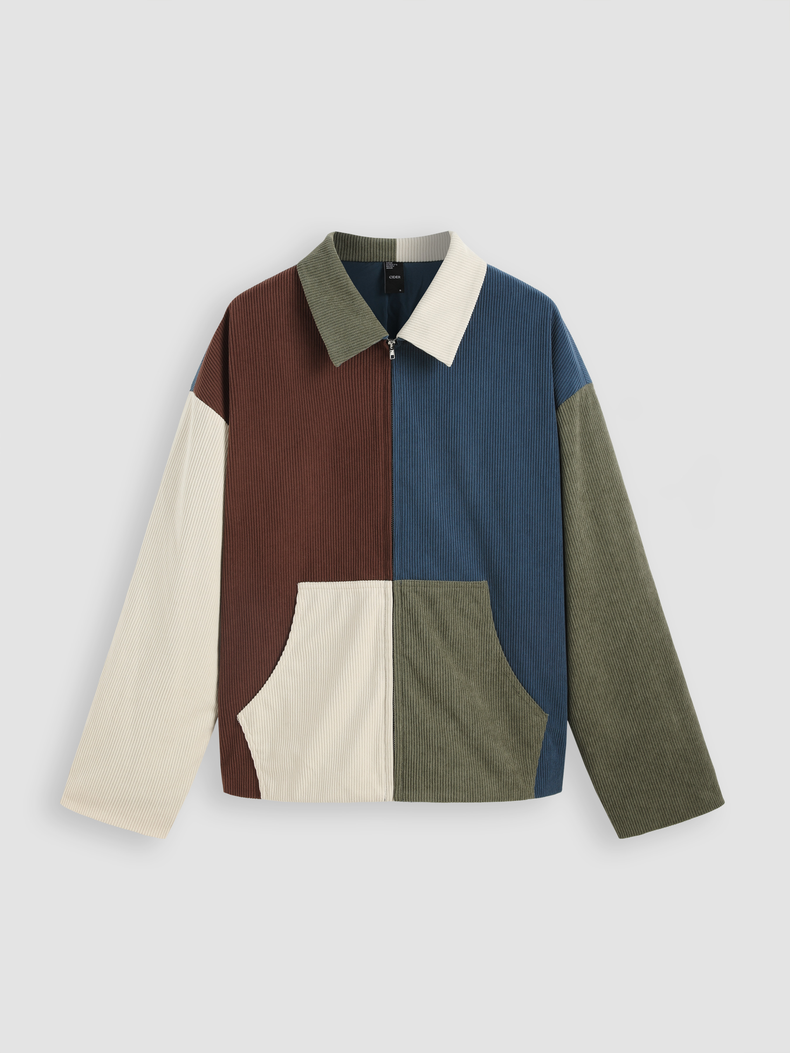 Corduroy Collar Patchwork Pocket Zipper Jacket For School Daily Casual