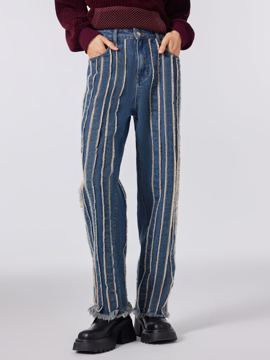 High Waist Stripe Ripped Wide Leg Jeans For School Daily Casual