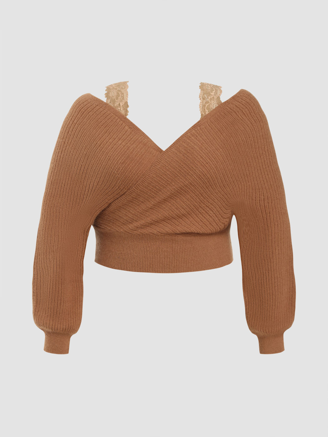 V Neck Lace Knitted Long Sleeve Crop Top Curve And Plus For Date Coffee Shop