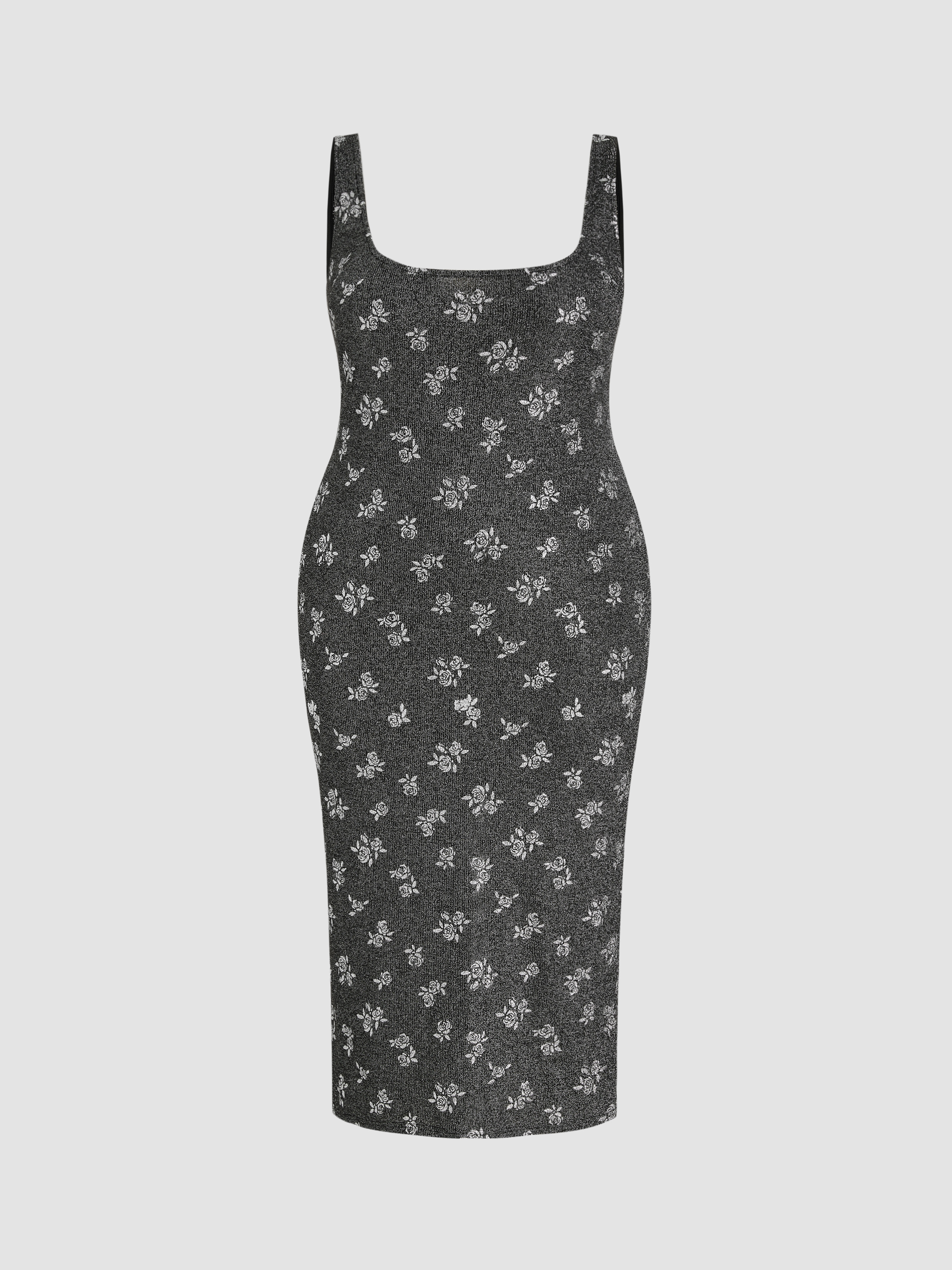 Knit Fabric Square Neck Floral Sleeveless Midi Dress Curve And Plus For
