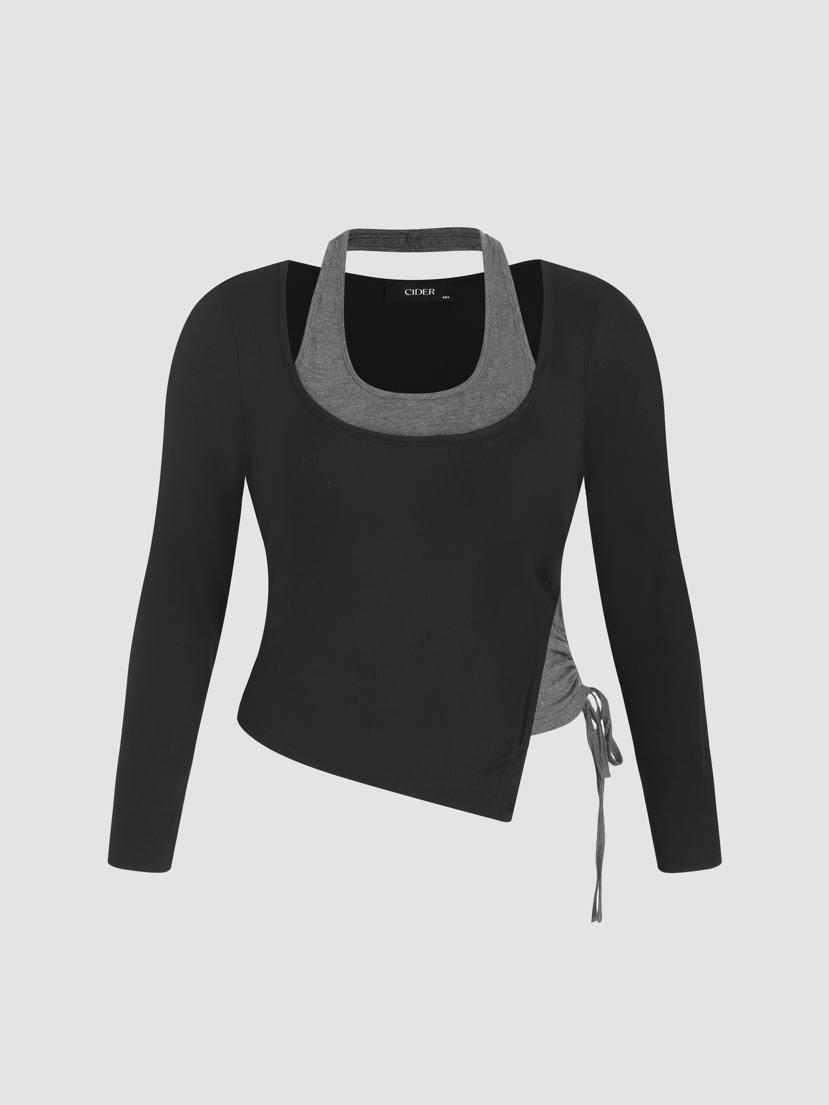 Jersey Halter Asymmetrical Patched Drawstring Long Sleeve Top Curve ...