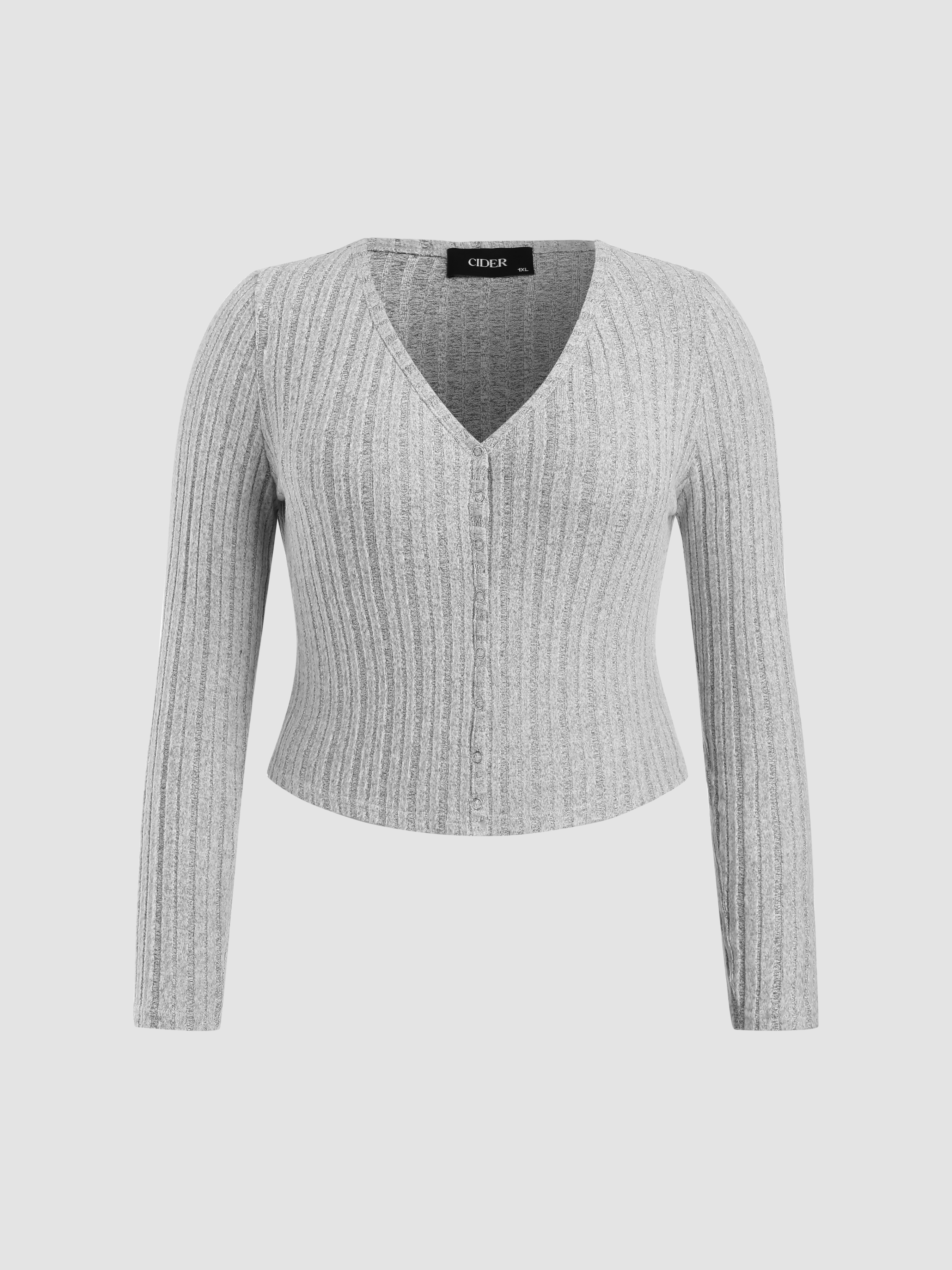 V-neck Knit Button Long Sleeve Tee Curve & Plus - Cider