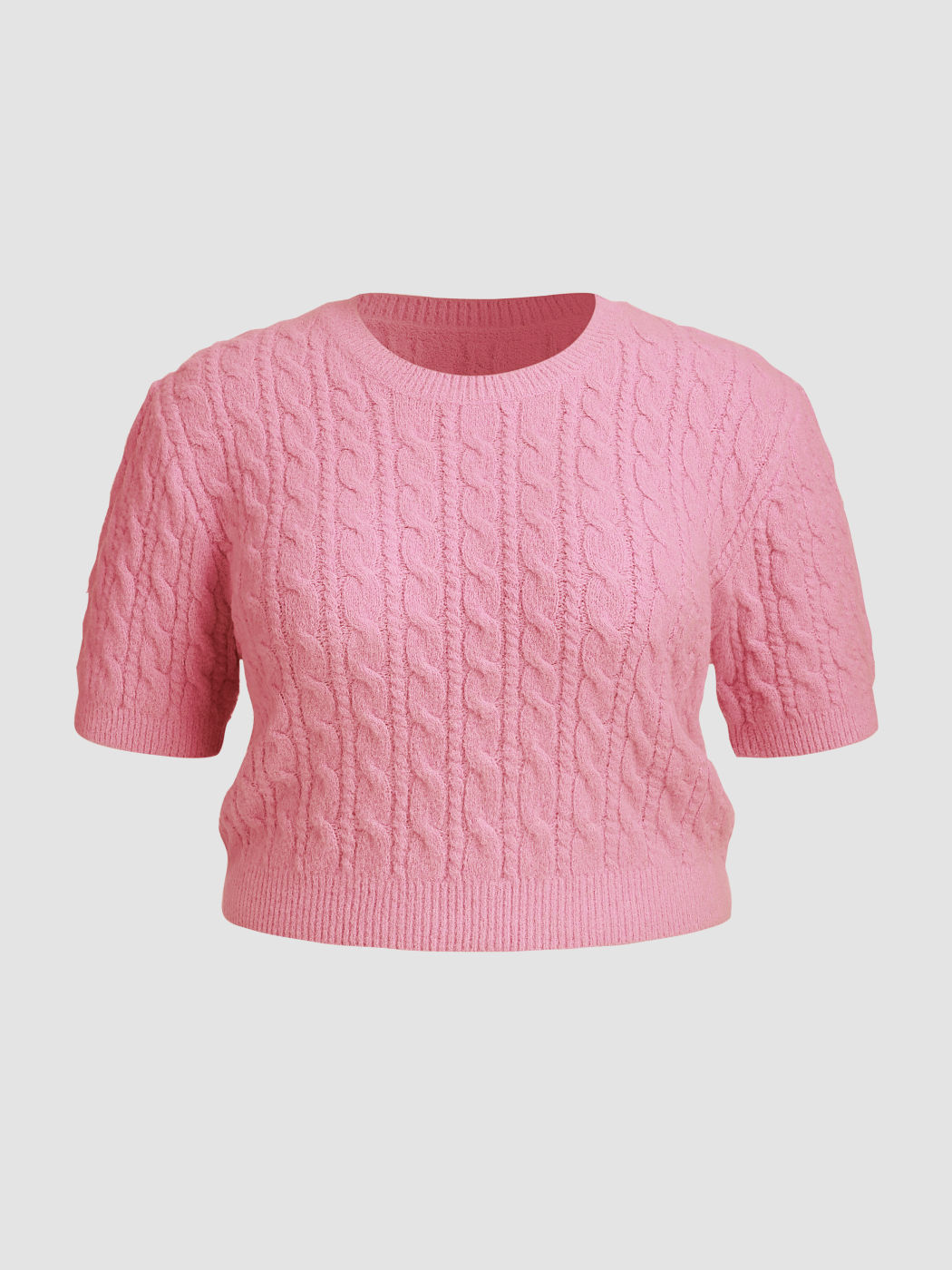 Knit Fabric Wool-blend Cable Knit Round Neckline Short Sleeve Top Curve ...