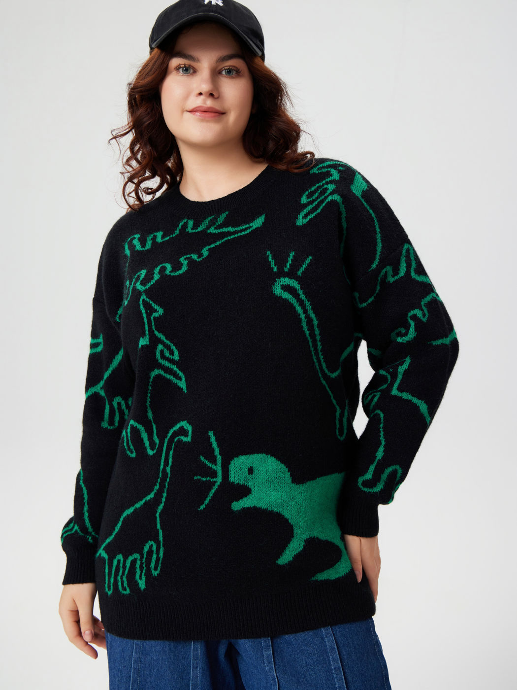 Round Neckline Dinosaur Pattern Knitted Sweater Curve & Plus For School ...
