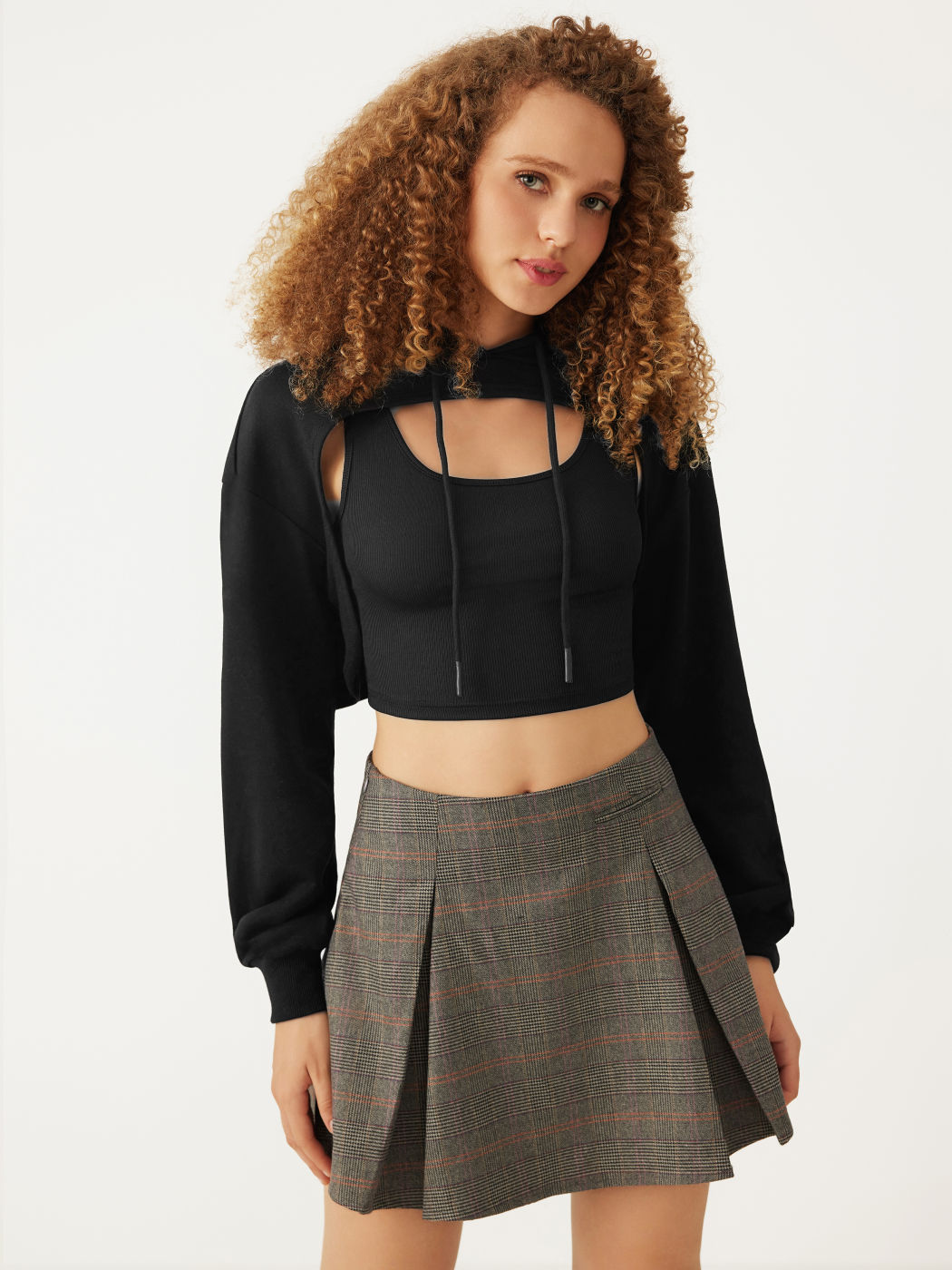 Terry Hooded Solid Drawstring Crop Top & Shrug For Daily Casual