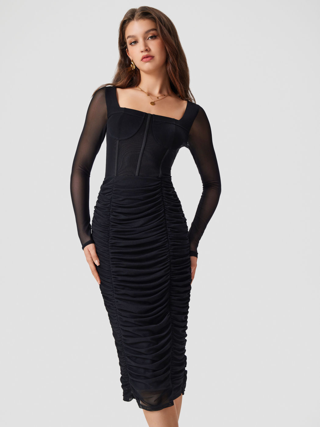 Mesh Square Neck Corset Solid Midi Dress For Coffee Shop Daily Casual ...