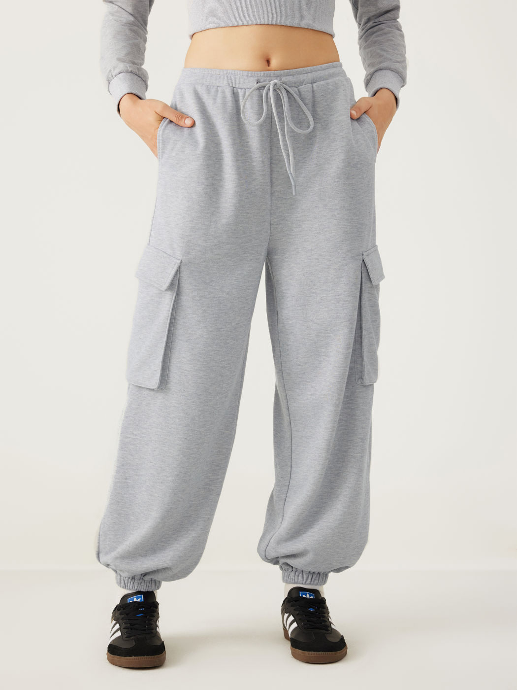 Terry Mid Waist Solid Drawstring Cargo Sweatpants For Daily Casual