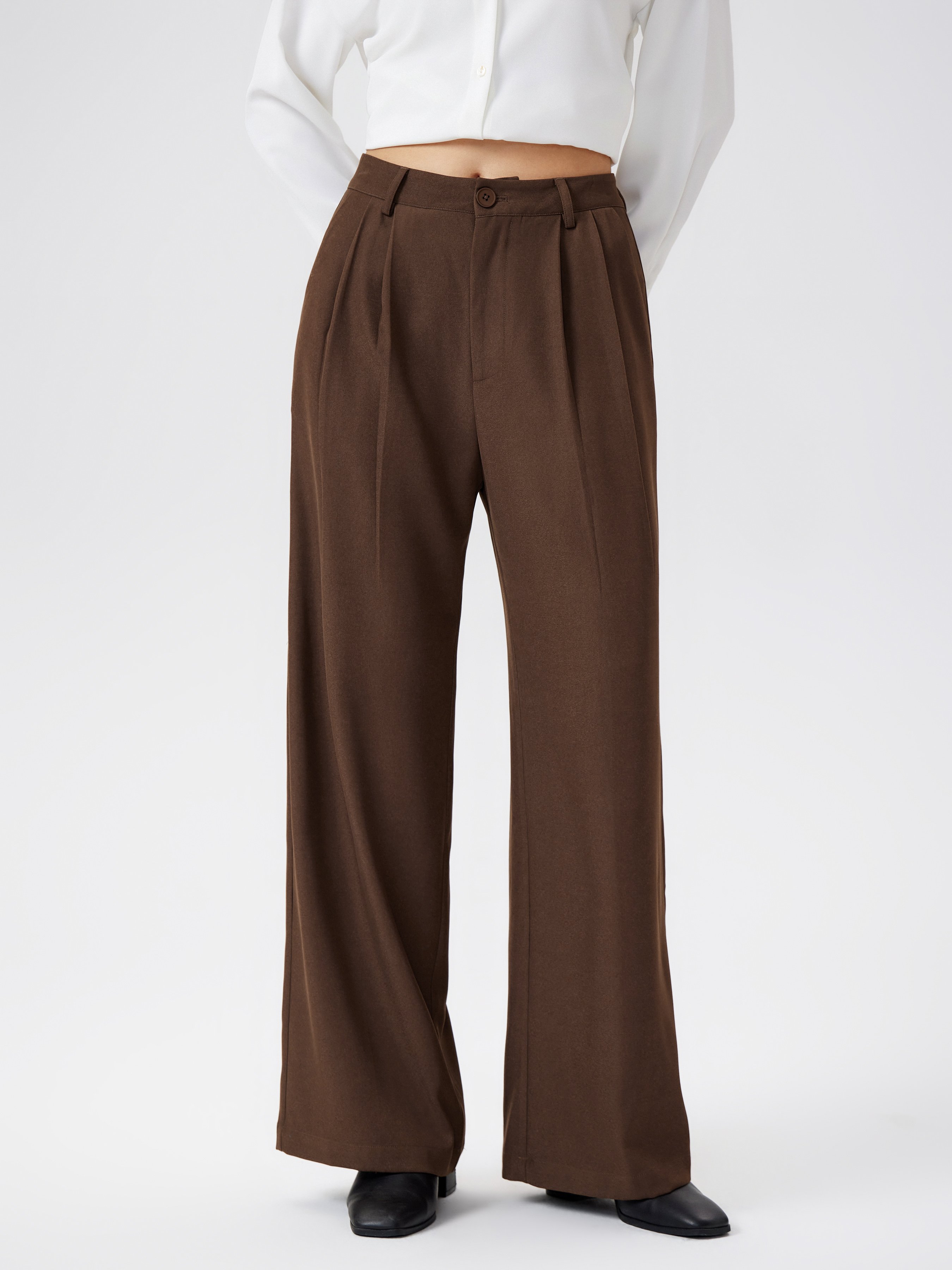 Woven Mid Waist Pleated Pocket Button Wide Leg Trousers For Daily ...
