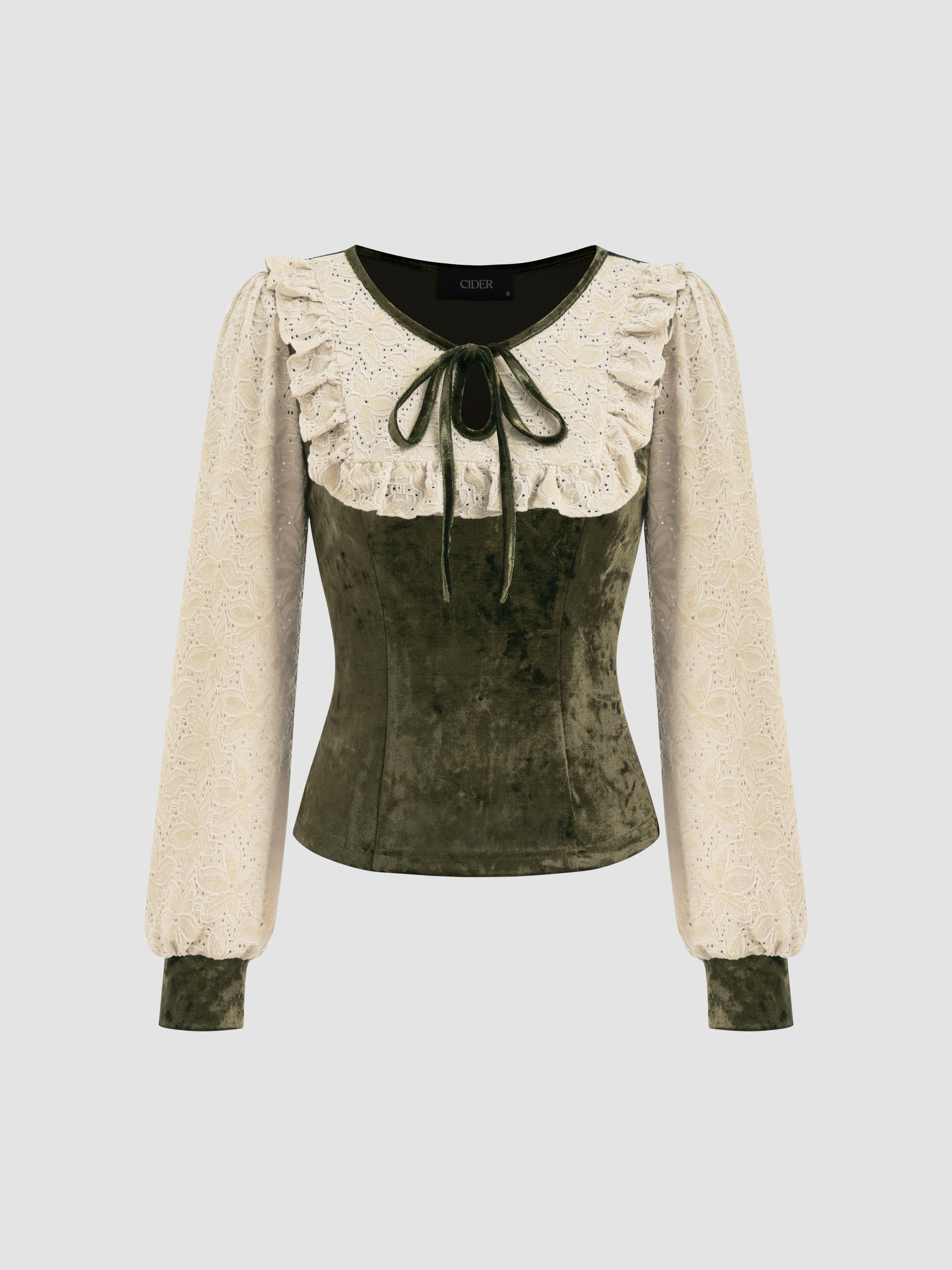 Lace Velvet Velvet V-neck Solid Lace Drawstring Long Sleeve Blouse For ...