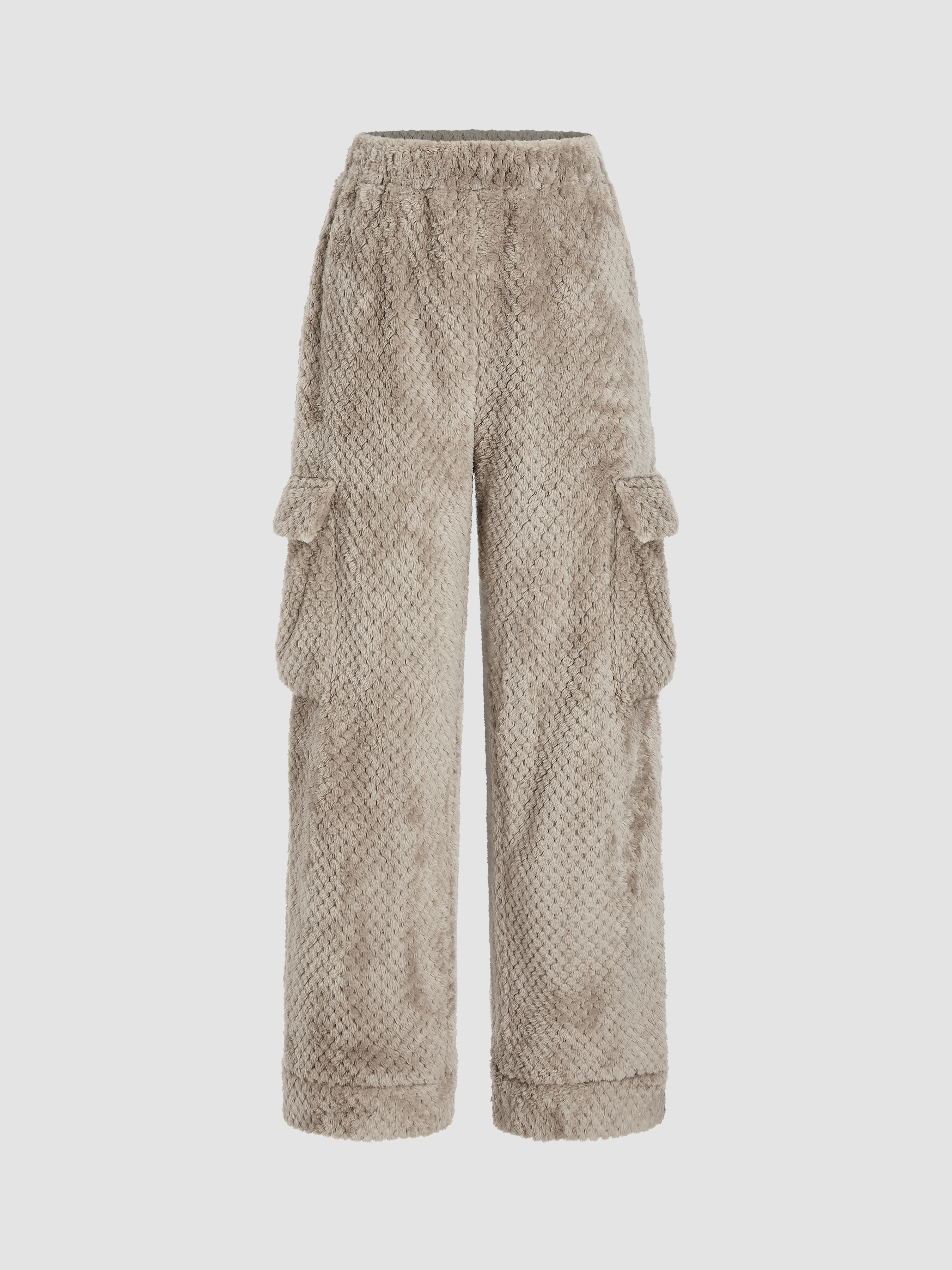 Terry Middle Waist Solid Pocket Wide Leg Cargo Pants - Cider