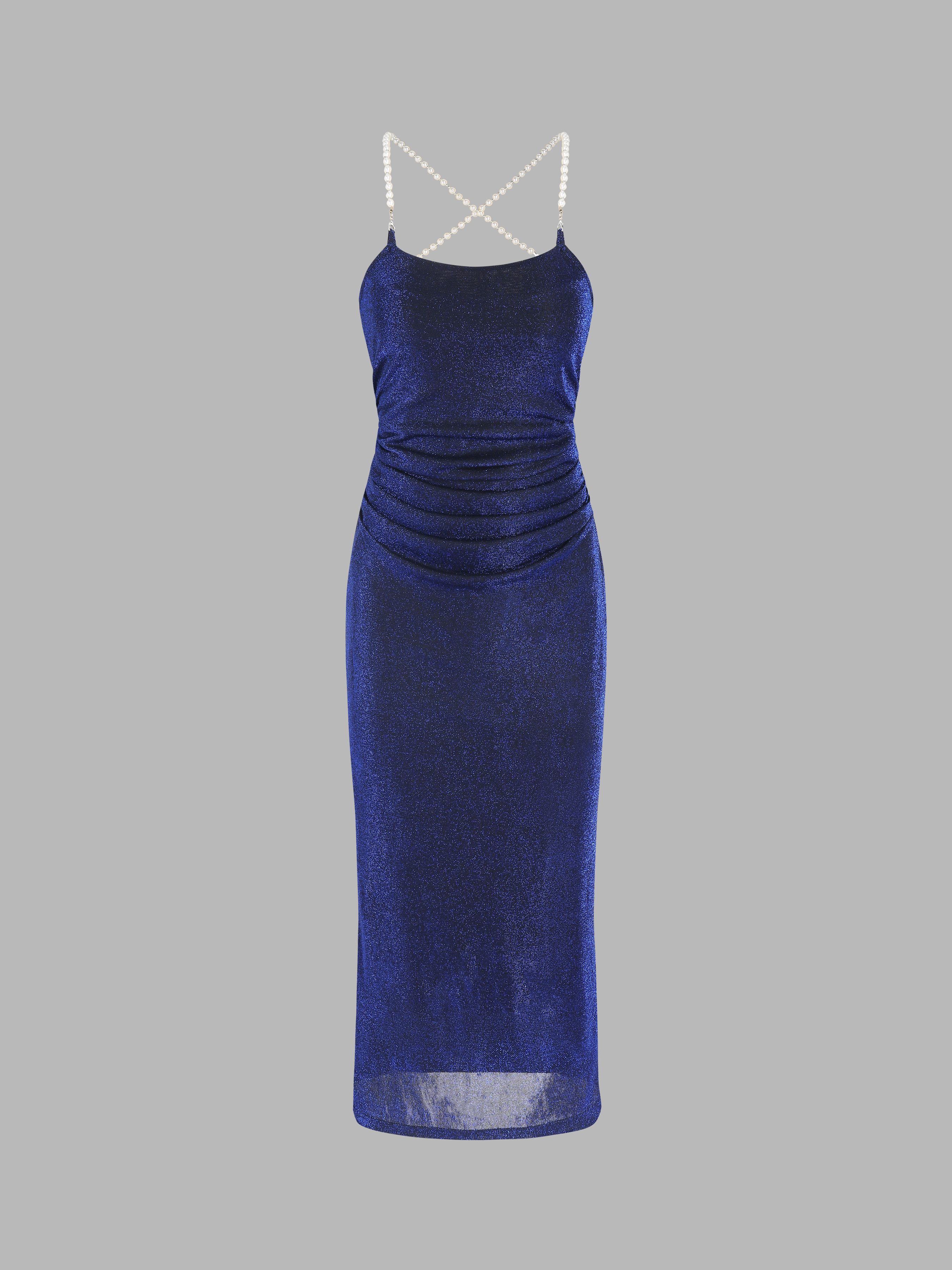 Metallic Backless Faux Pearl Chain Midi Dress For Party/Clubbing