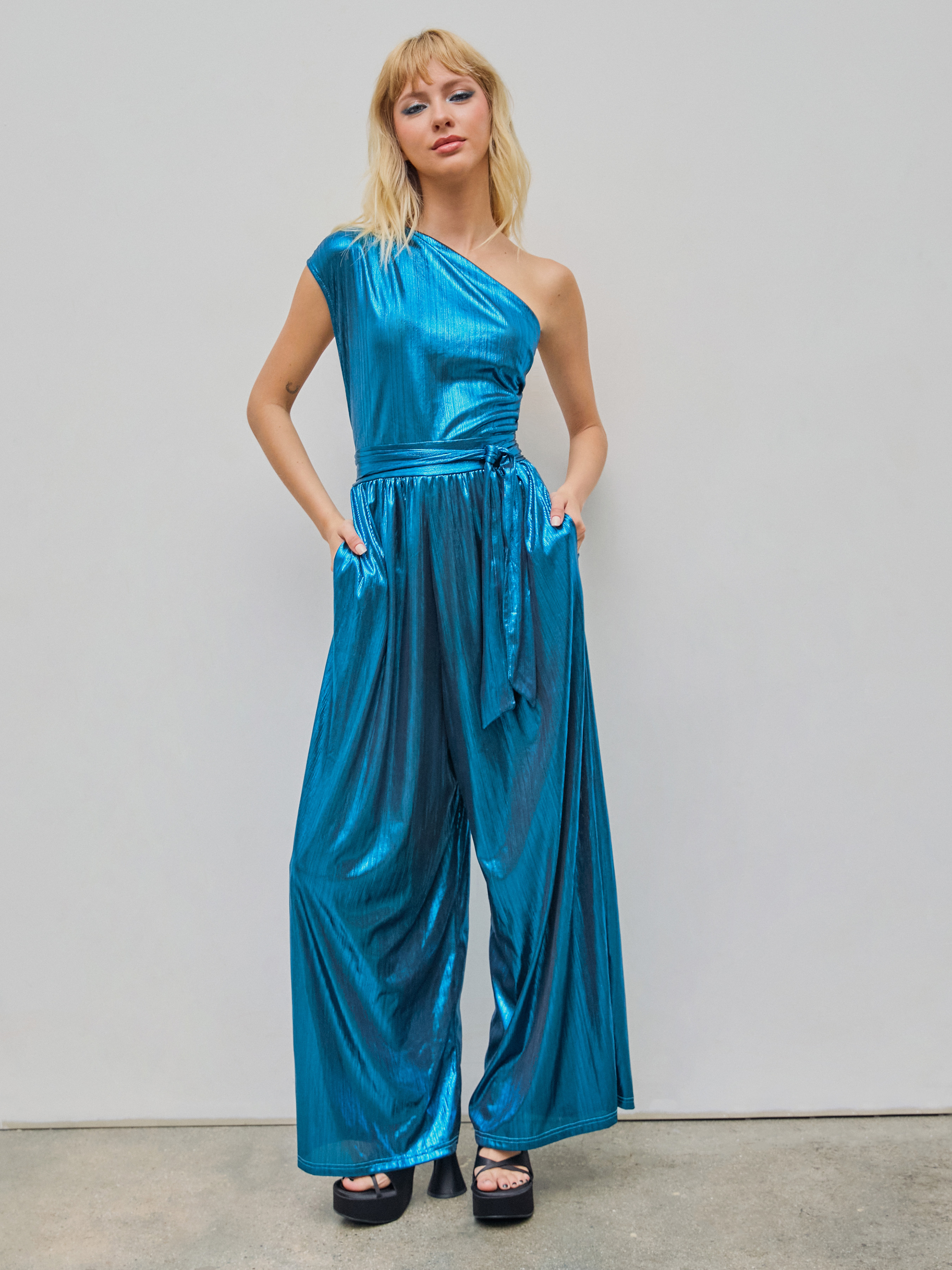 Metallic Asymmetrical Neck One-Shoulder Belted Jumpsuit - Cider