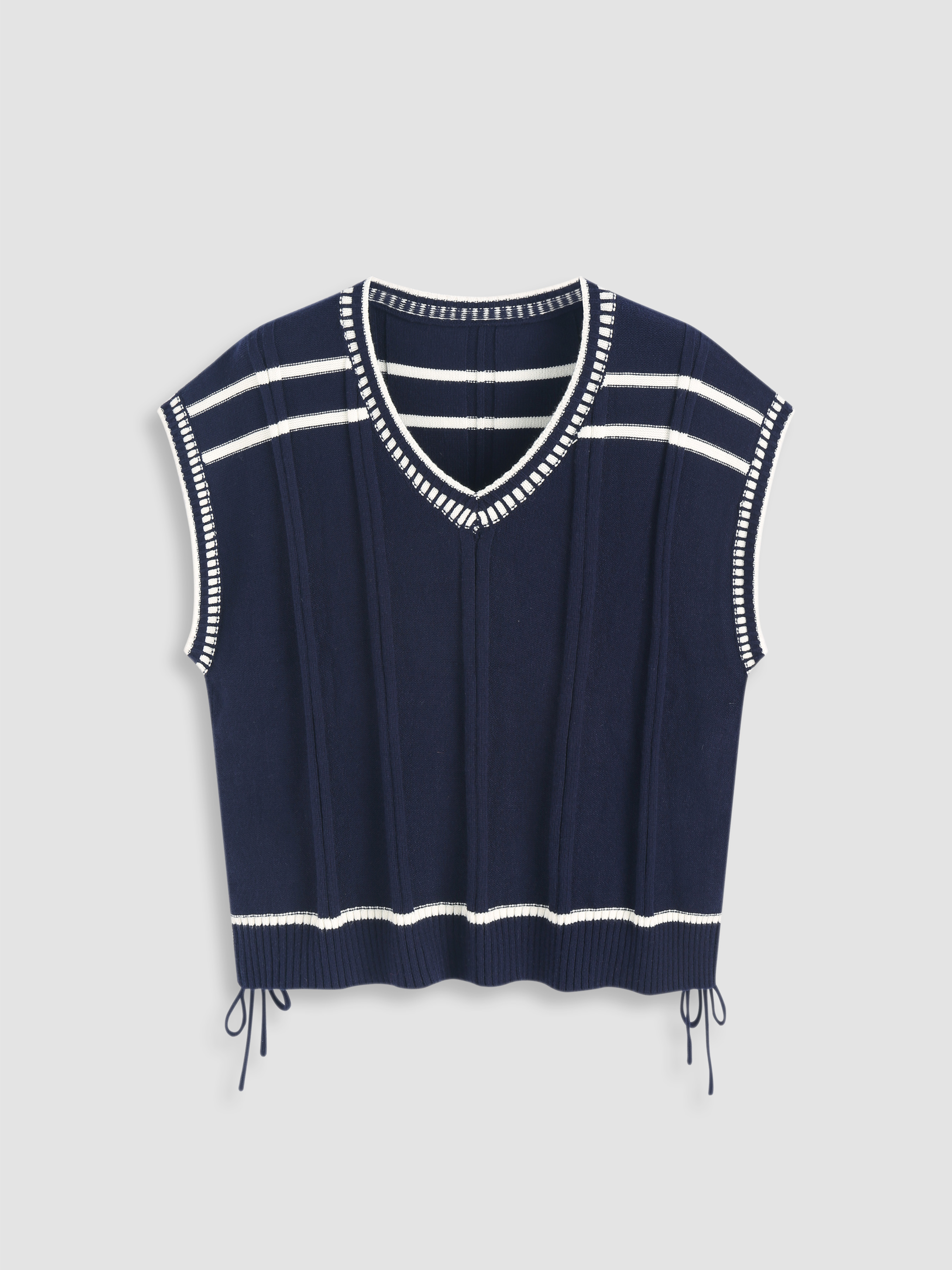 V-neck Drawstring Rib Knit Vest Curve & Plus For School Daily Casual
