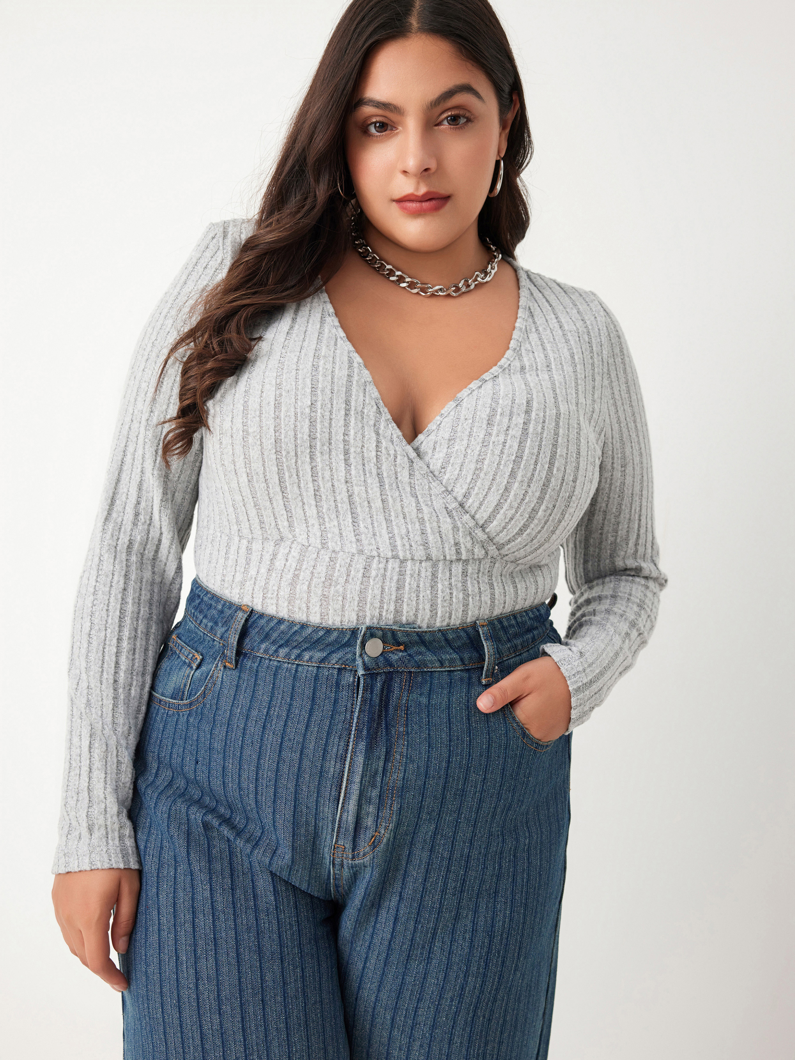 Rib Knit Split Bodysuit Curve & Plus - Cider