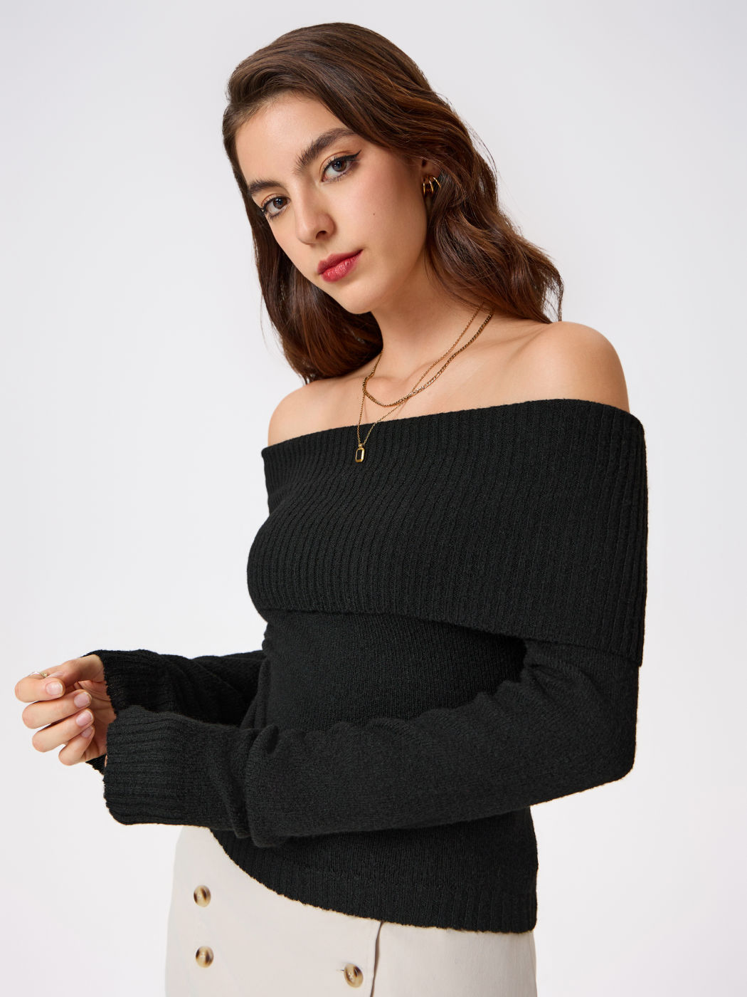 Knit Fabric Off-shoulder Knitted Long Sleeve Top For Daily Casual Date ...