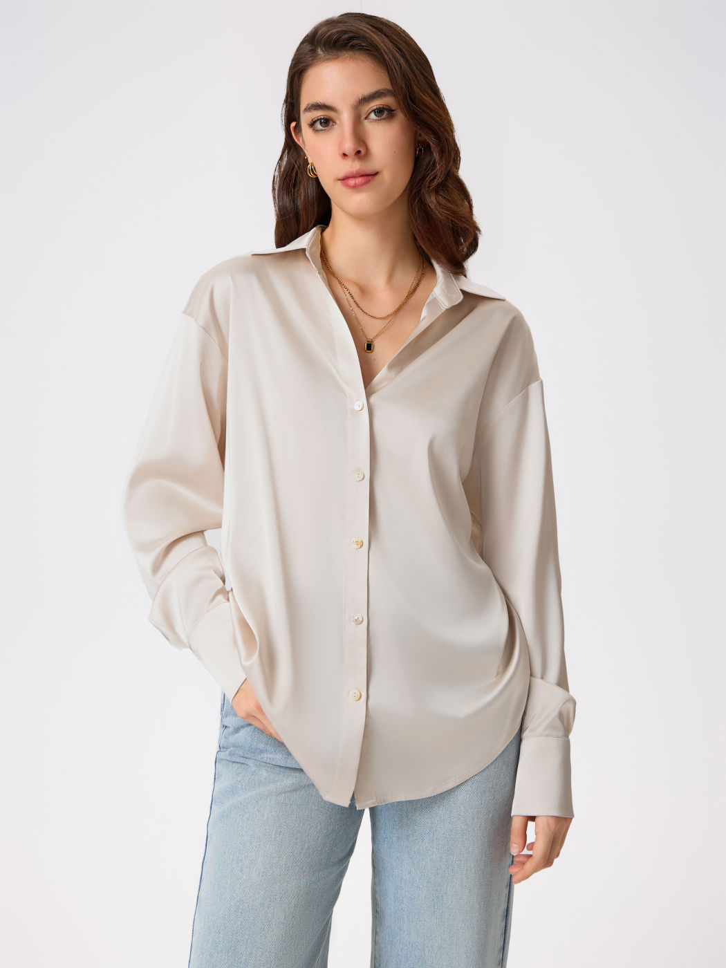 Office Siren Satin Satin Collar Solid Button Long Sleeve Blouse For Daily Casual Coffee Shop Work